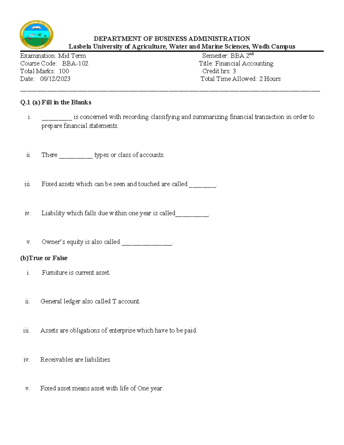 Financial Accounting Midterm Exam BBA 2nd - Total Marks: 100 - Studocu