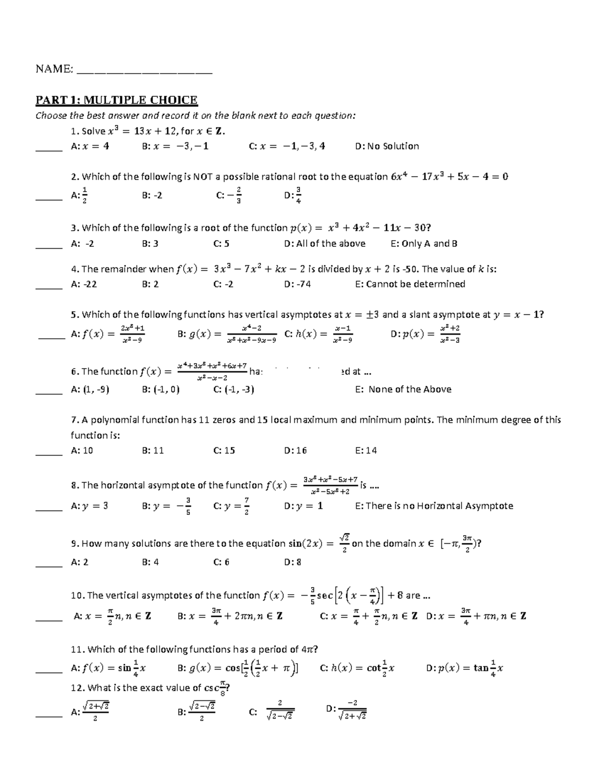 Final Review for Math Course 101 - Key Concepts and Practice Questions ...
