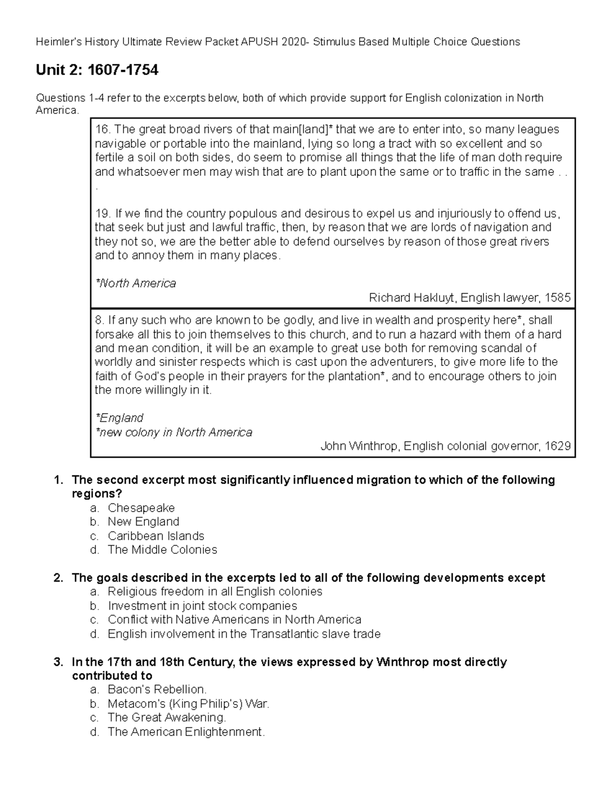 APUSH Unit 2: Ultimate Review Packet for Stimulus-Based MCQs - Studocu