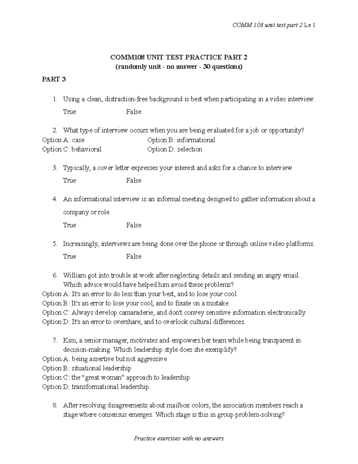 COMM 108 Unit Test Part 2: Practice Questions & Answers - Studocu