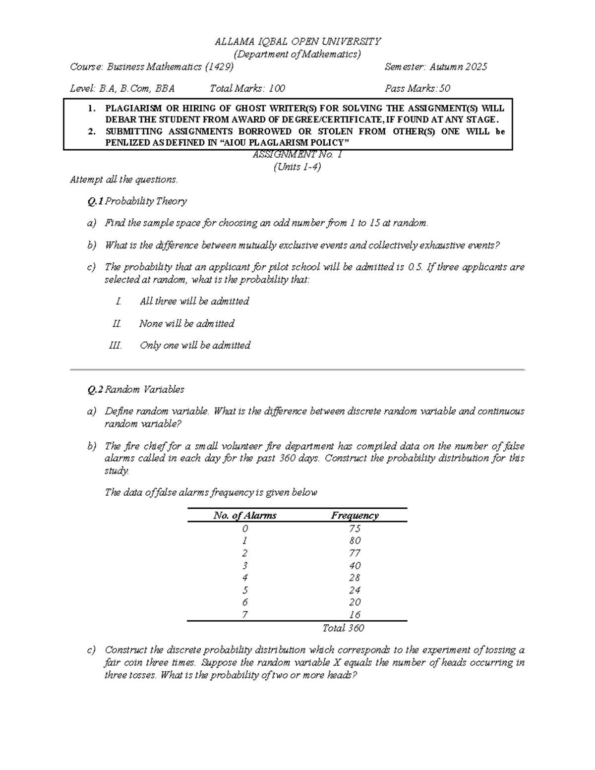 Business Mathematics Assignment 1429 - Autumn 2025 - Studocu