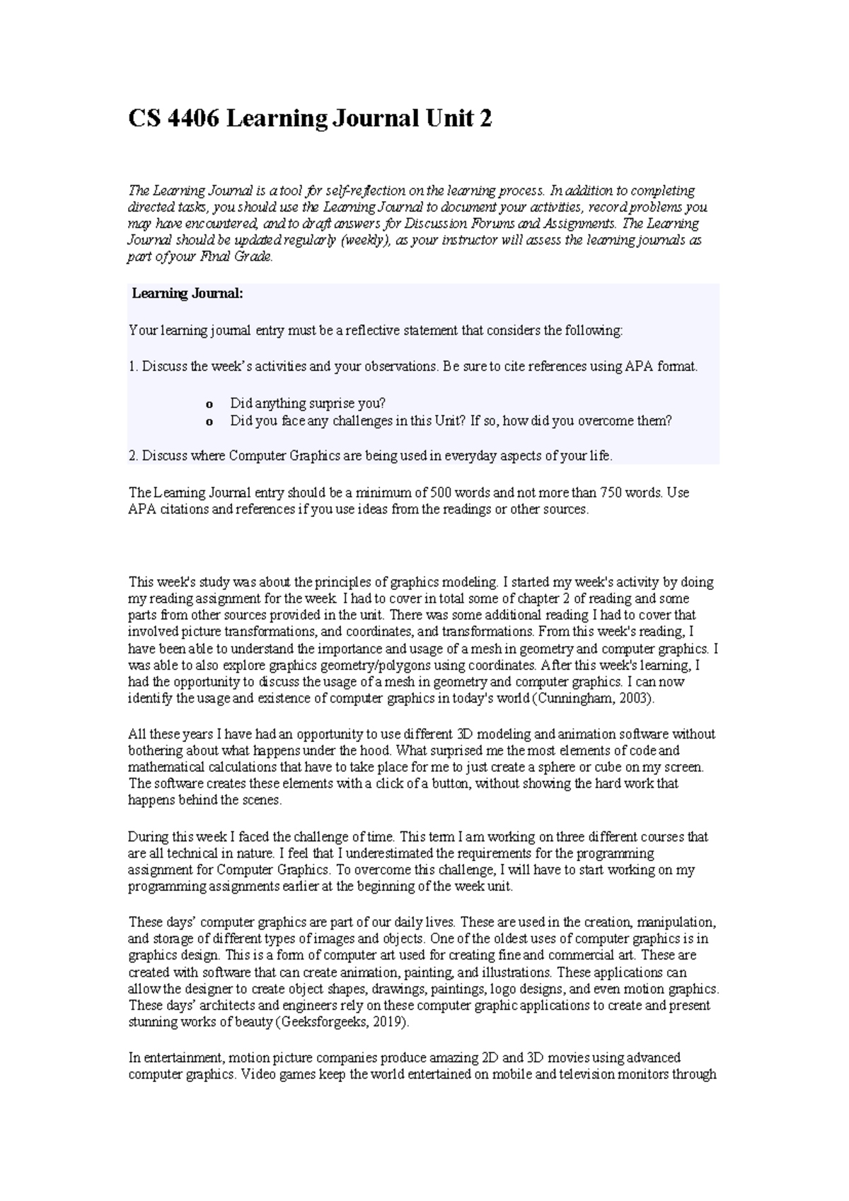 CS 4406 Learning Journal Reflection: Understanding Graphics Modeling - Studocu