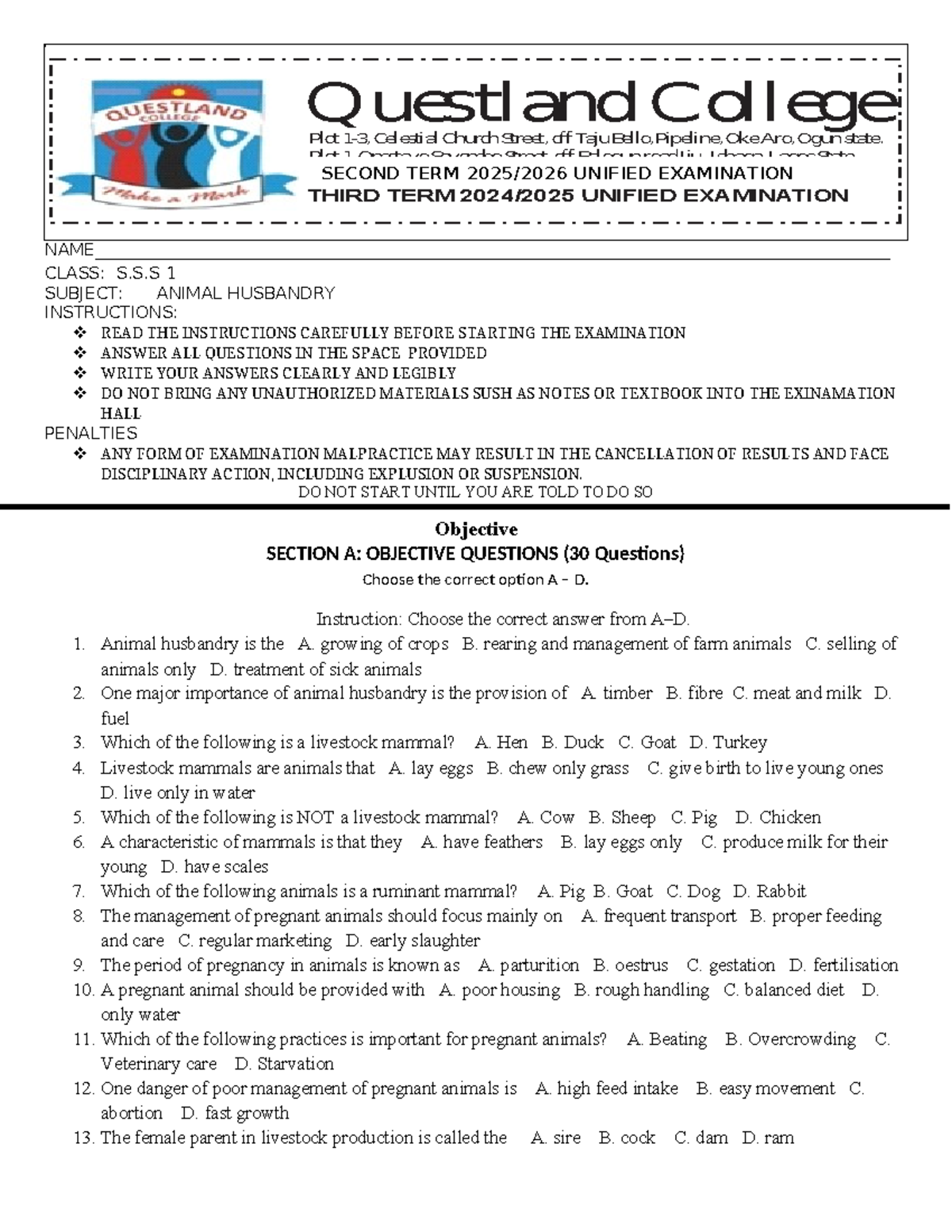 SSS 1 Final Exam: Animal Husbandry Unified Examination - Studocu
