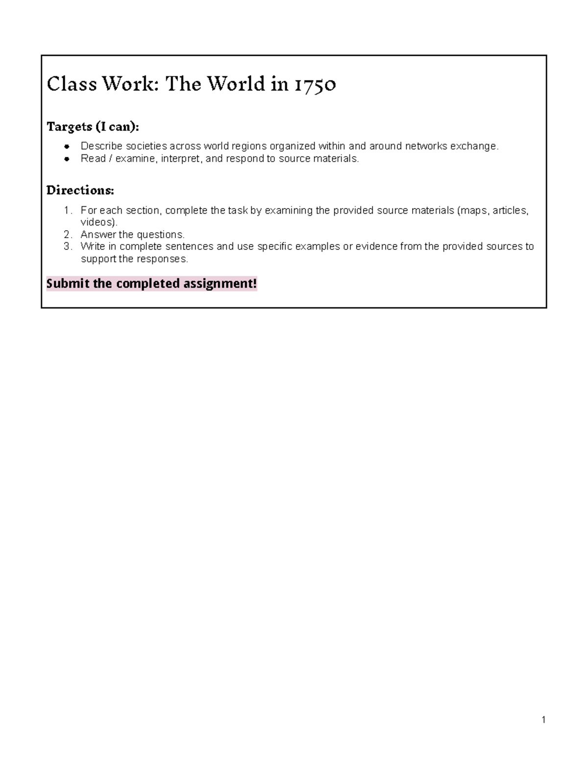 Class Work: The World in 1750 (HN) - Assignment Overview and Tasks ...