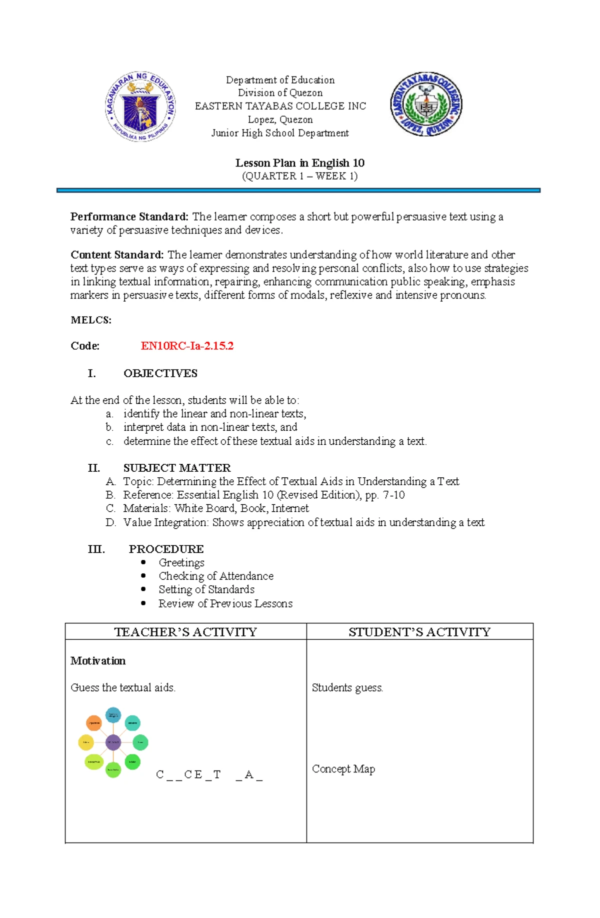 LP - Public Speaking Lesson Plan for English 10 - 1st Quarter - Studocu
