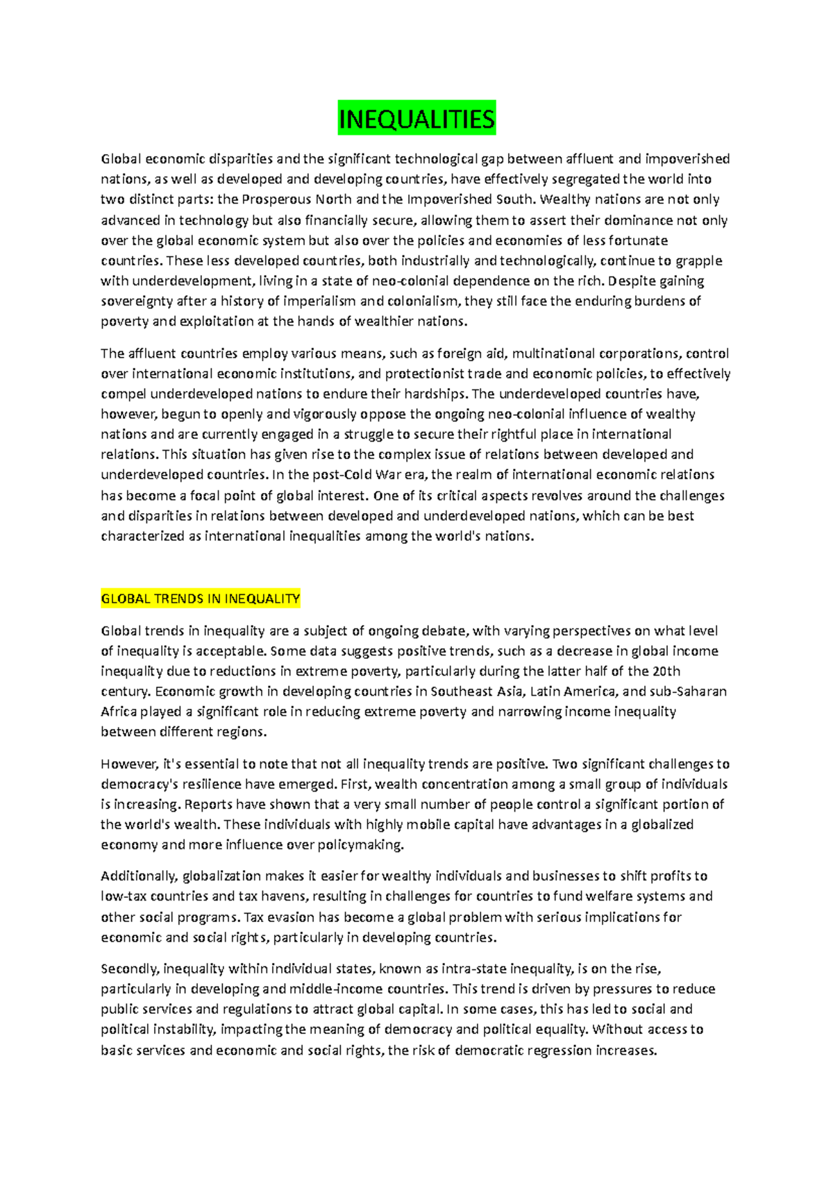 Inequalities - assignment and summary - INEQUALITIES Global economic ...