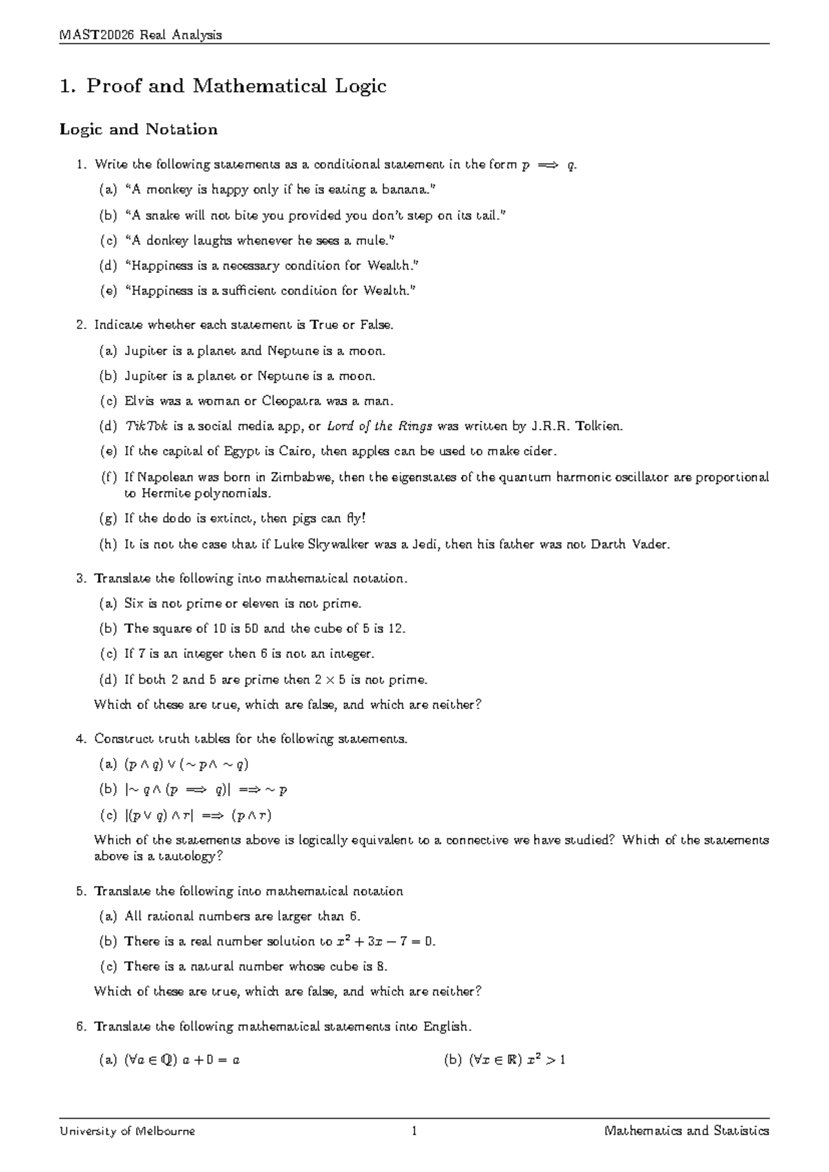 Problem Booklet - notes - 1. Proof and Mathematical Logic Logic and ...