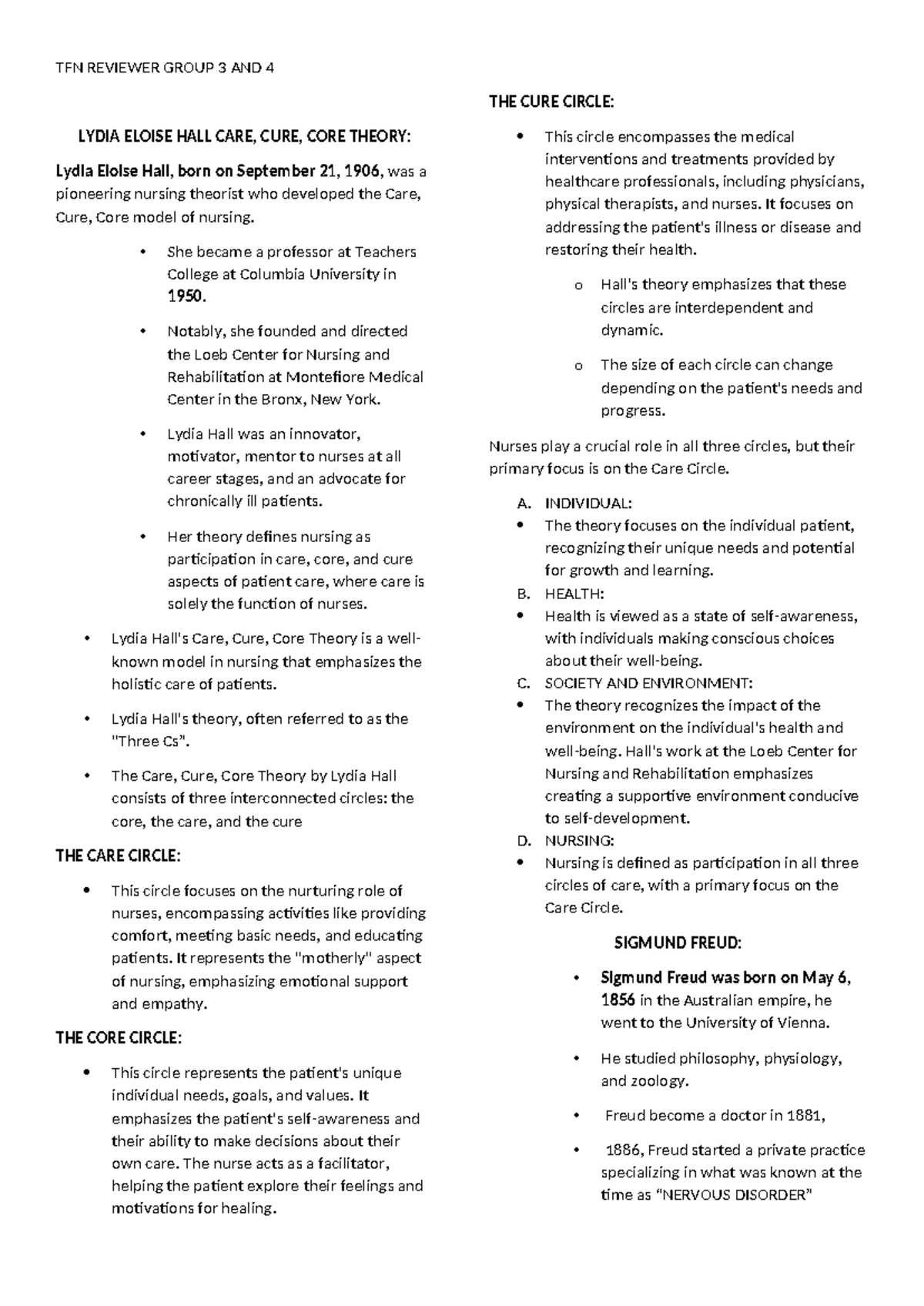 TFN Reviewer: Lydia Eloise Hall's Care, Cure, Core Theory - Studocu