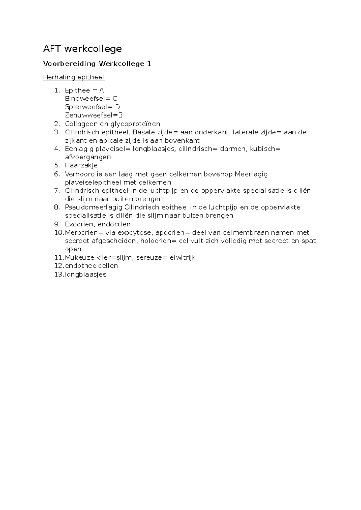 AFT Werkcollege 1: Herhaling Epitheel en Celstructuren - Studeersnel