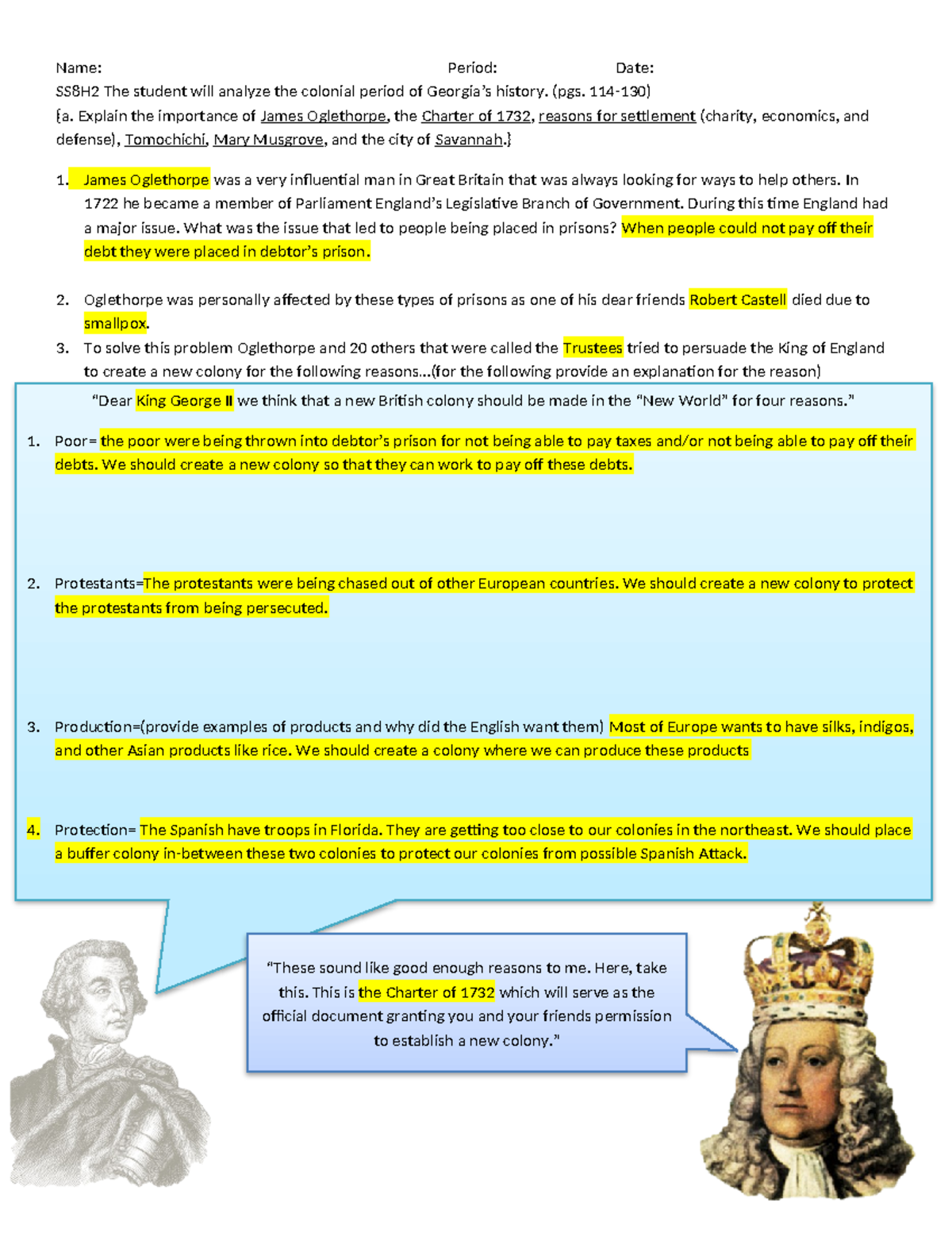 SS8H2 Unit 3 Colonial Georgia Standards Worksheet with Answers - Studocu
