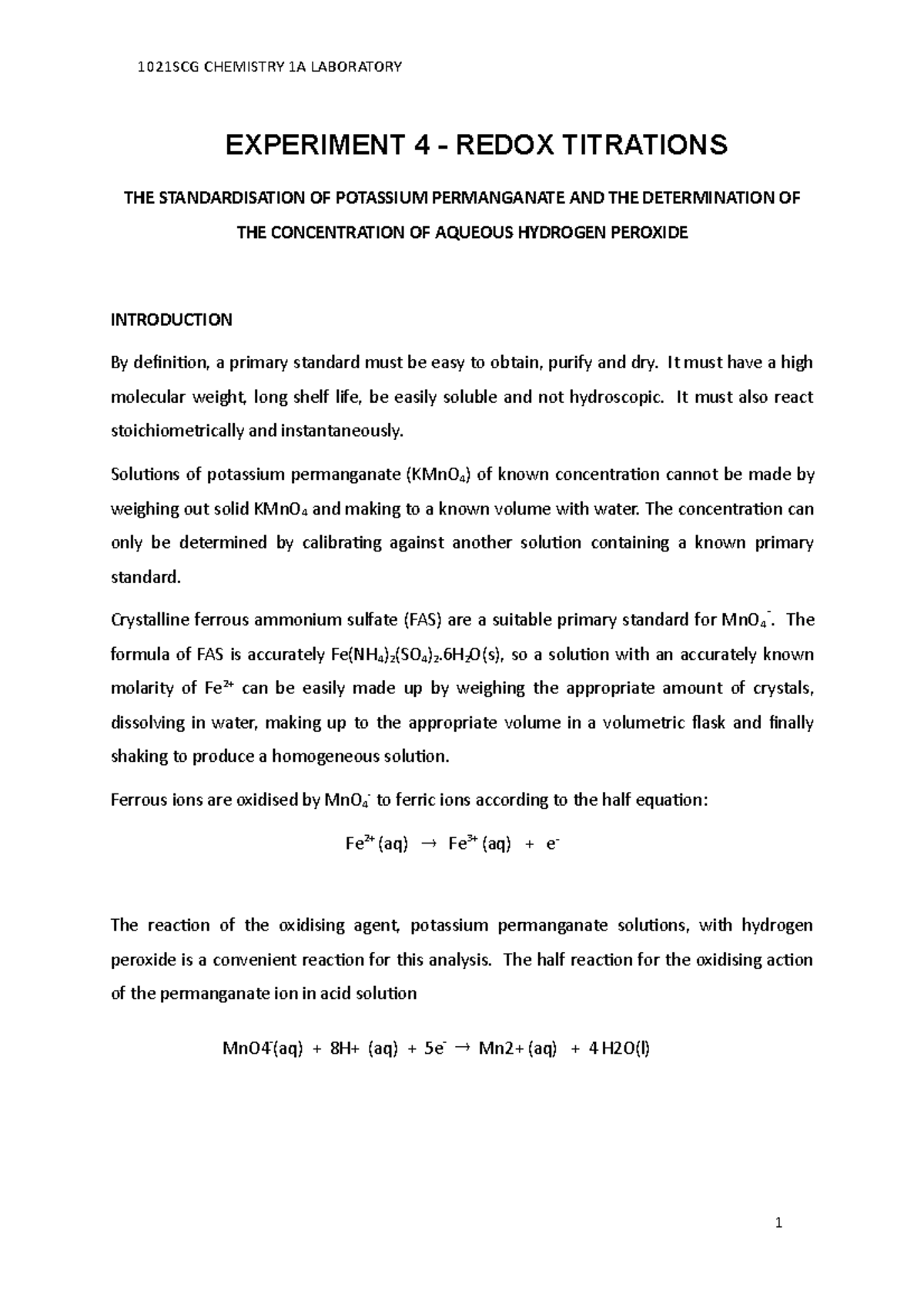 1021SCG Experiment 4 Lab Assignment - EXPERIMENT 4 - REDOX TITRATIONS ...