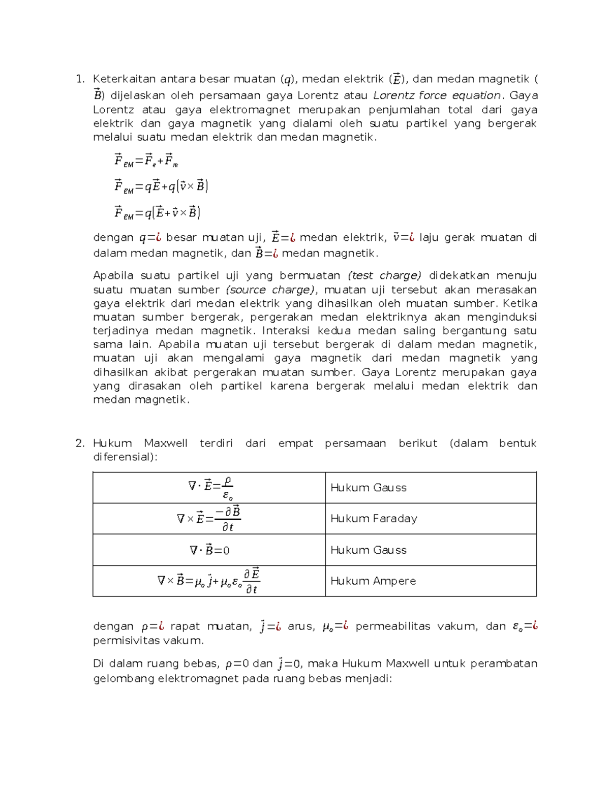 Medan Elektromagnet: Persamaan Lorentz dan Hukum Maxwell - Studocu