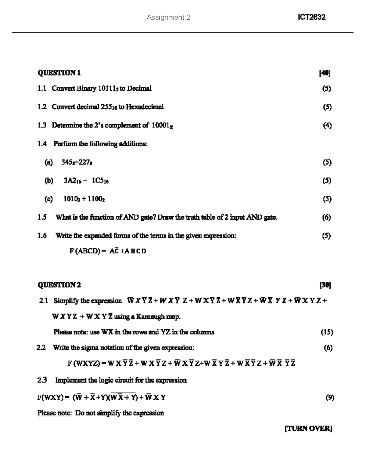 Ict2632 Assignment 2 Binary Decimal And Logic Gate Questions Studocu