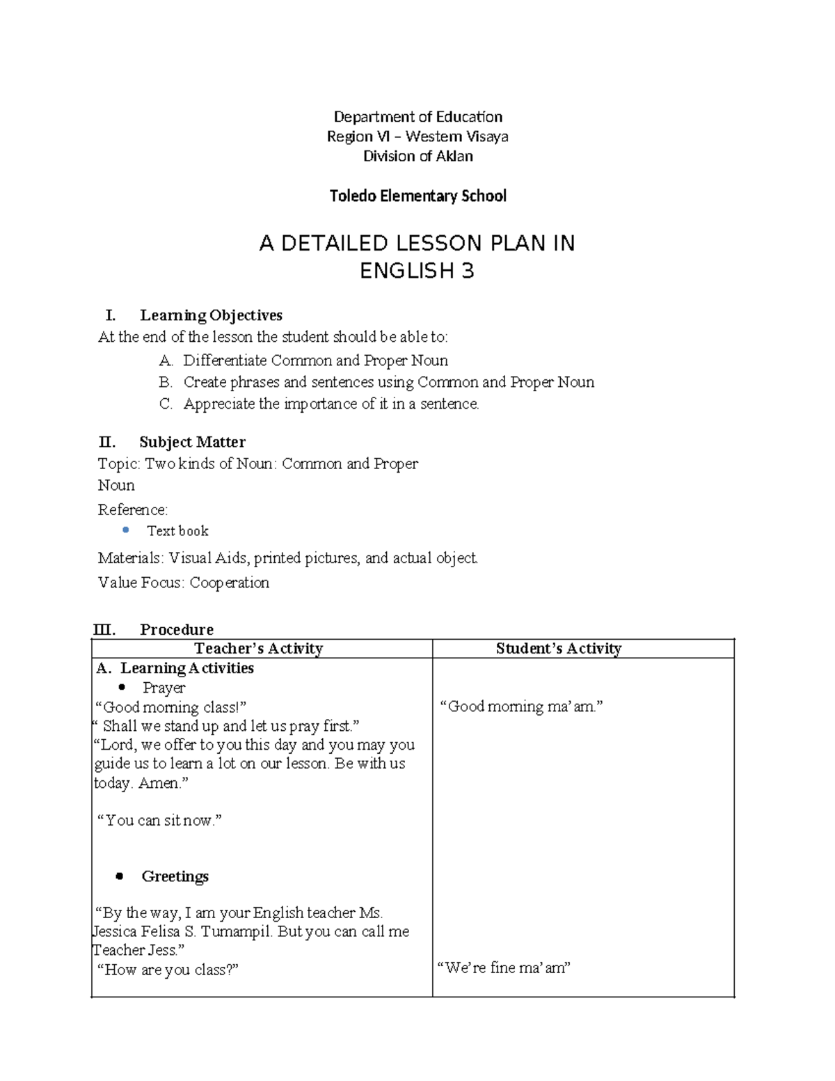 ENG3-01: Jessica's Detailed Lesson Plan on Common and Proper Nouns ...