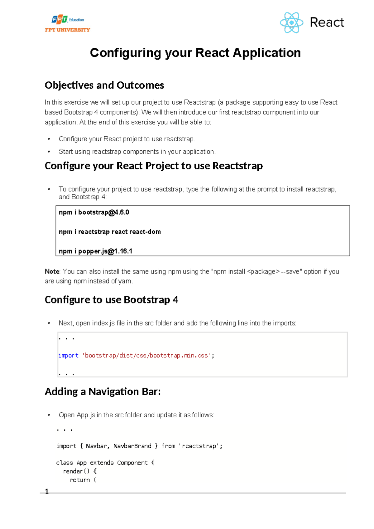 Exercise 23 Configuring your React Application - Configuring your React Application Objectives ...