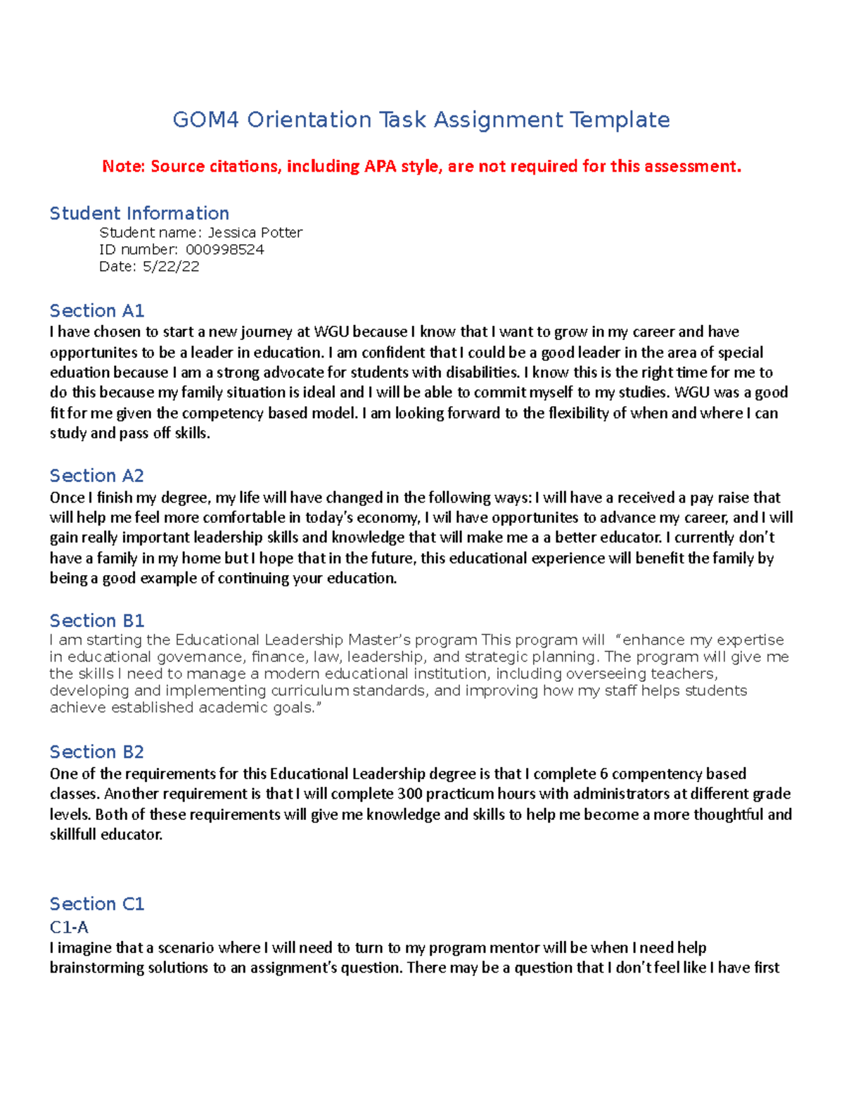Orientation Task Jessica Potter - GOM4 Orientation Task Assignment Template Note: Source ...