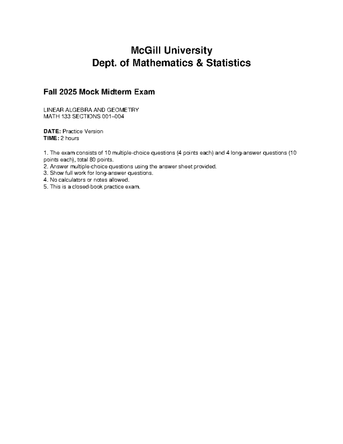 MATH 133 Mock Midterm Exam Fall 2025 - Linear Algebra & Geometry - Studocu