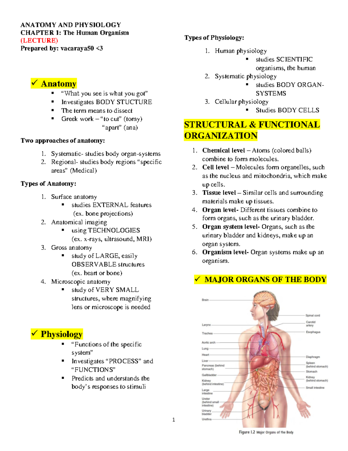 Anaphy CH1: Lecture Handout on Human Organism Anatomy & Physiology ...