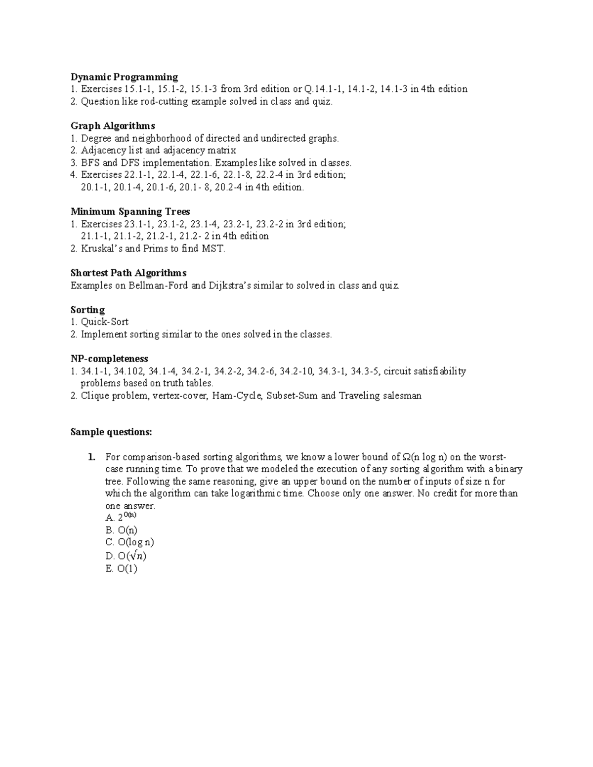 Final-exam questionnaire - Dynamic Programming Exercises 15-1, 15-2, 15-3 from 3rd edition or ...