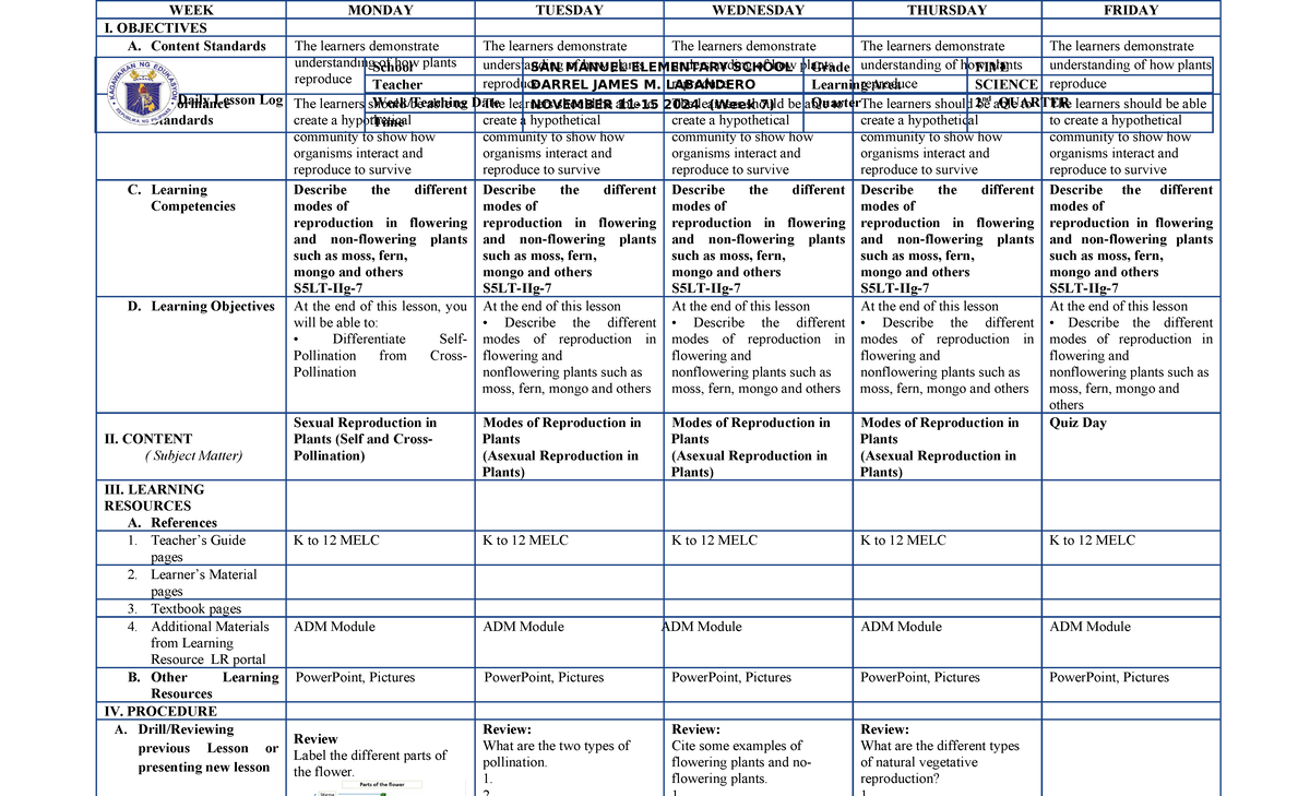 DLL WEEK 6 Science - DLL - WEEK MONDAY TUESDAY WEDNESDAY THURSDAY ...