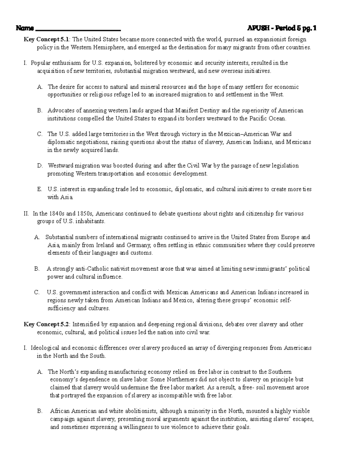 APUSH Period 5: Guided Reading Notes on Key Concepts 5.1-5.3 - Studocu