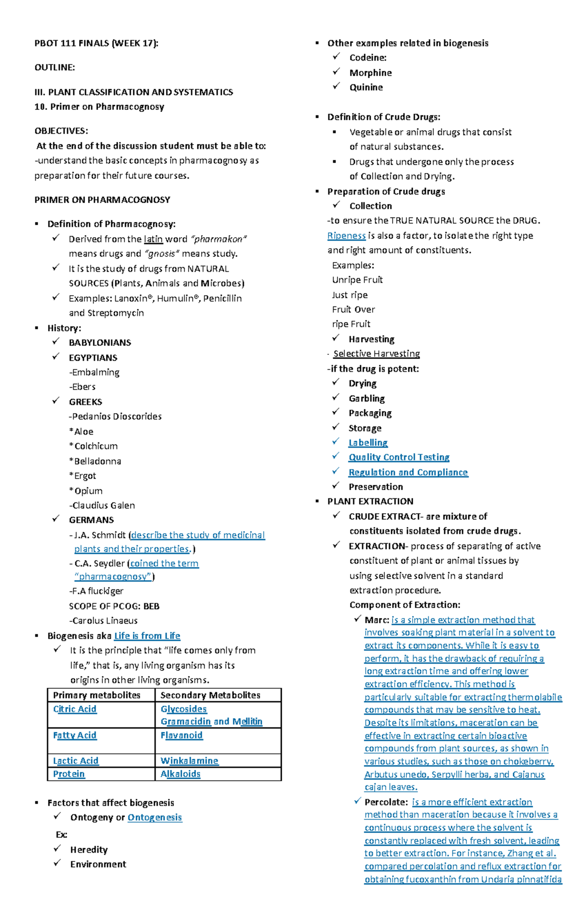 PBOT 101: Final Exam Outline on Plant Classification & Pharmacognosy ...