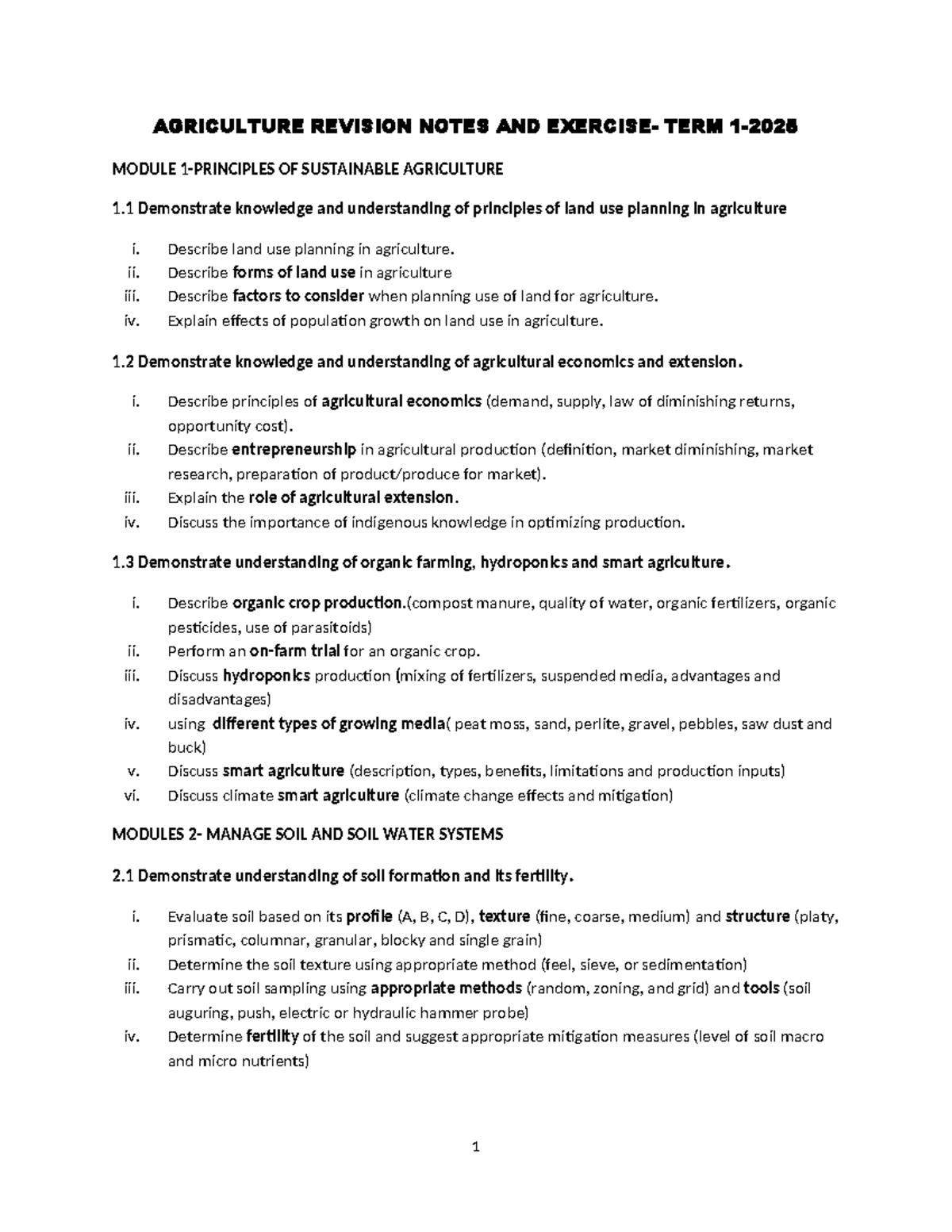 SUSTAINABLE AGRICULTURE REVISION NOTES: MODULES 1-3 QUESTIONS - Studocu
