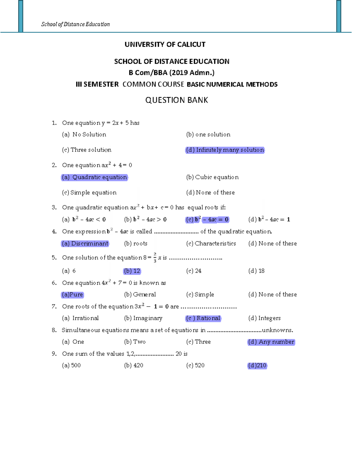 Numerical Methods BCOM,BBA - UNIVERSITY OF CALICUT III SEMESTER COMMON ...
