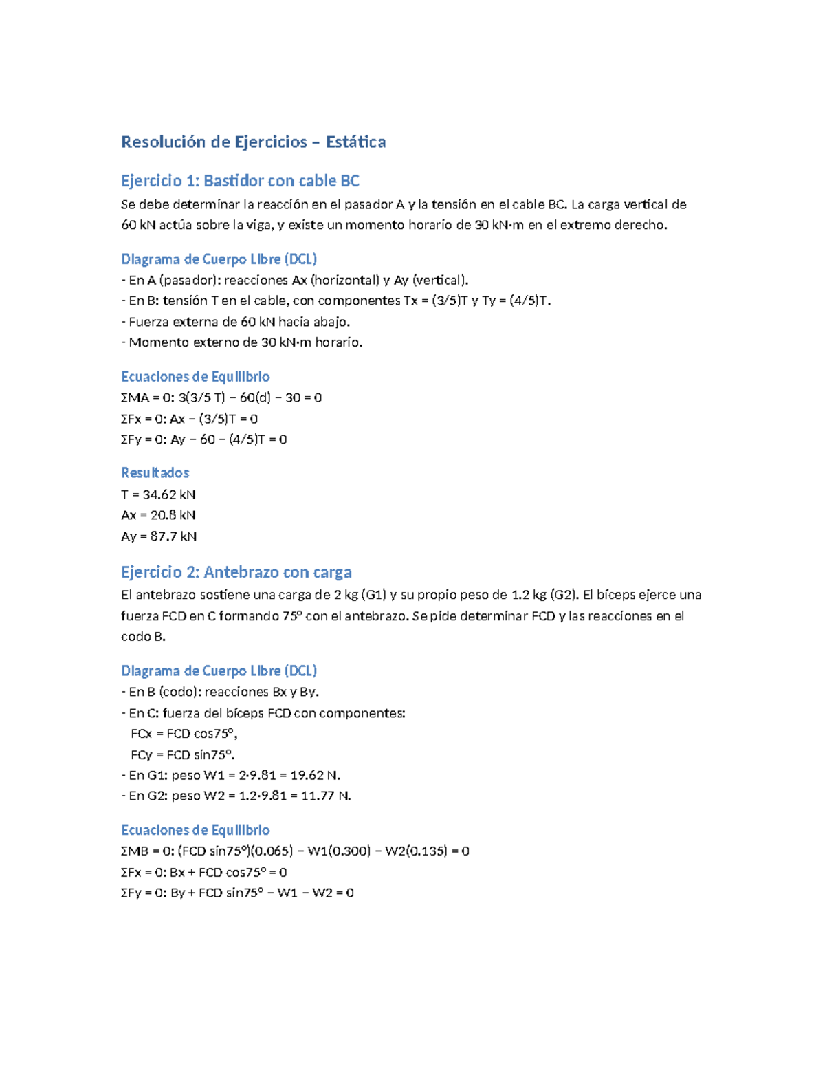Ejercicios de Estática DCL - Ieie: Reacciones y Tensiones - Studocu