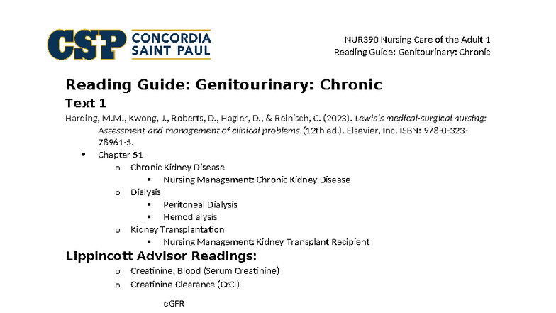 NUR390 Module 11 Reading Guide: Chronic Kidney Disease Management - Studocu