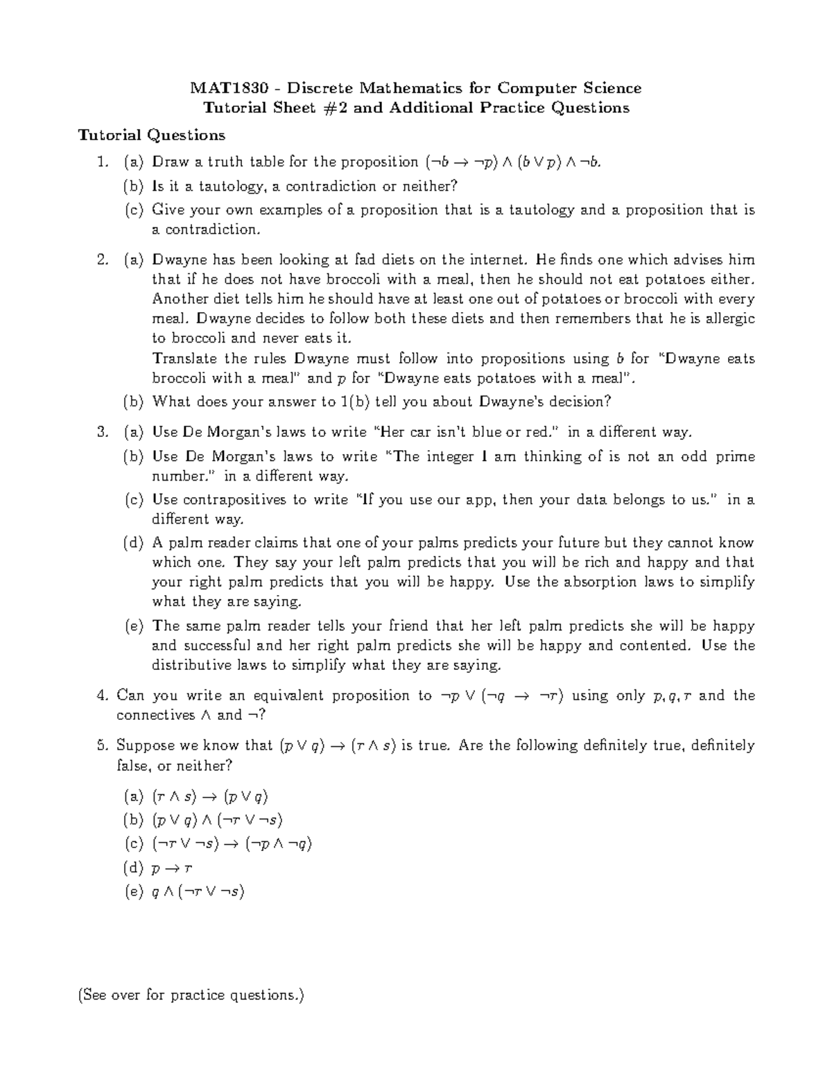 MAT1830 - Discrete Mathematics Tutorial 2: Practice Questions and ...