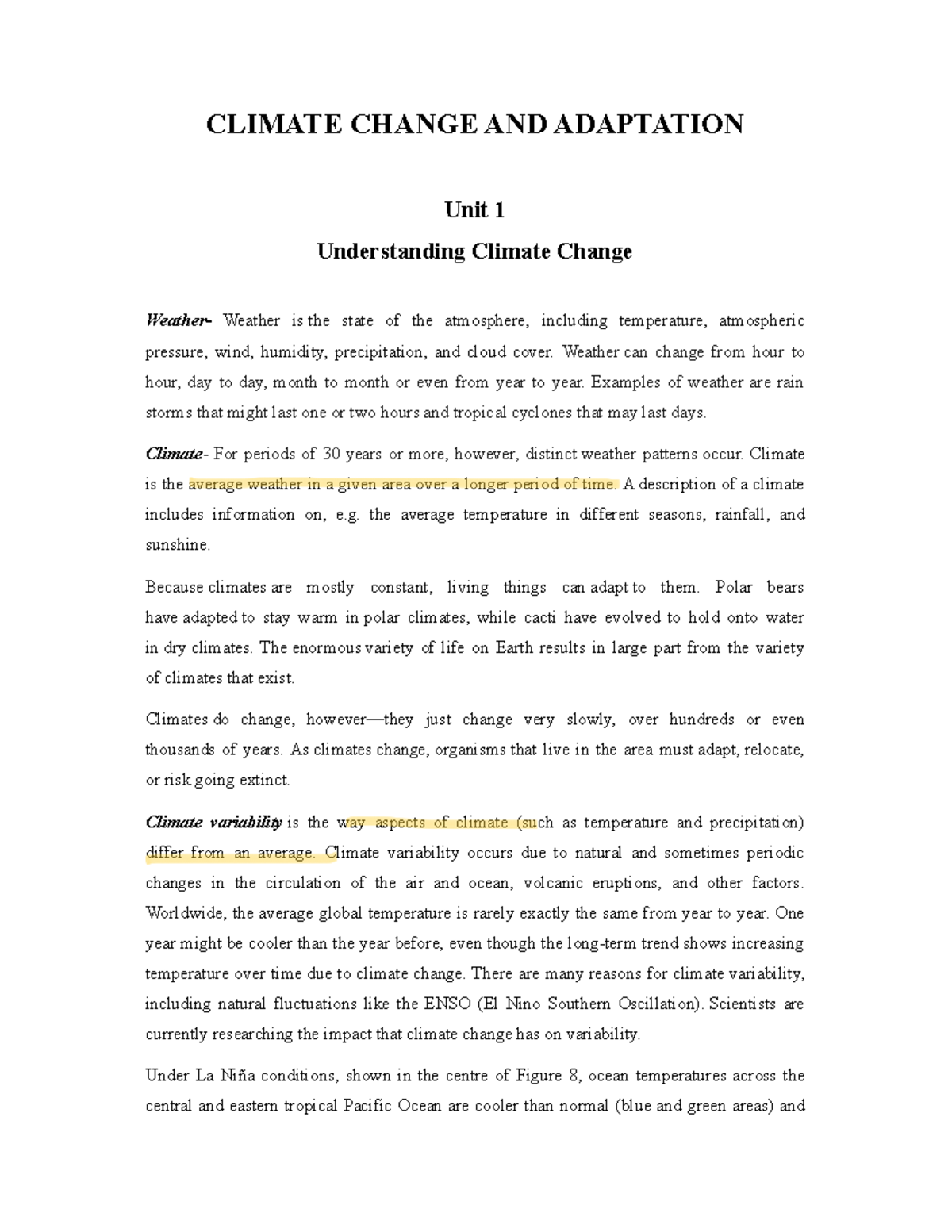 Unit 1 geo - Summary of unit 1 - CLIMATE CHANGE AND ADAPTATION Unit 1 ...
