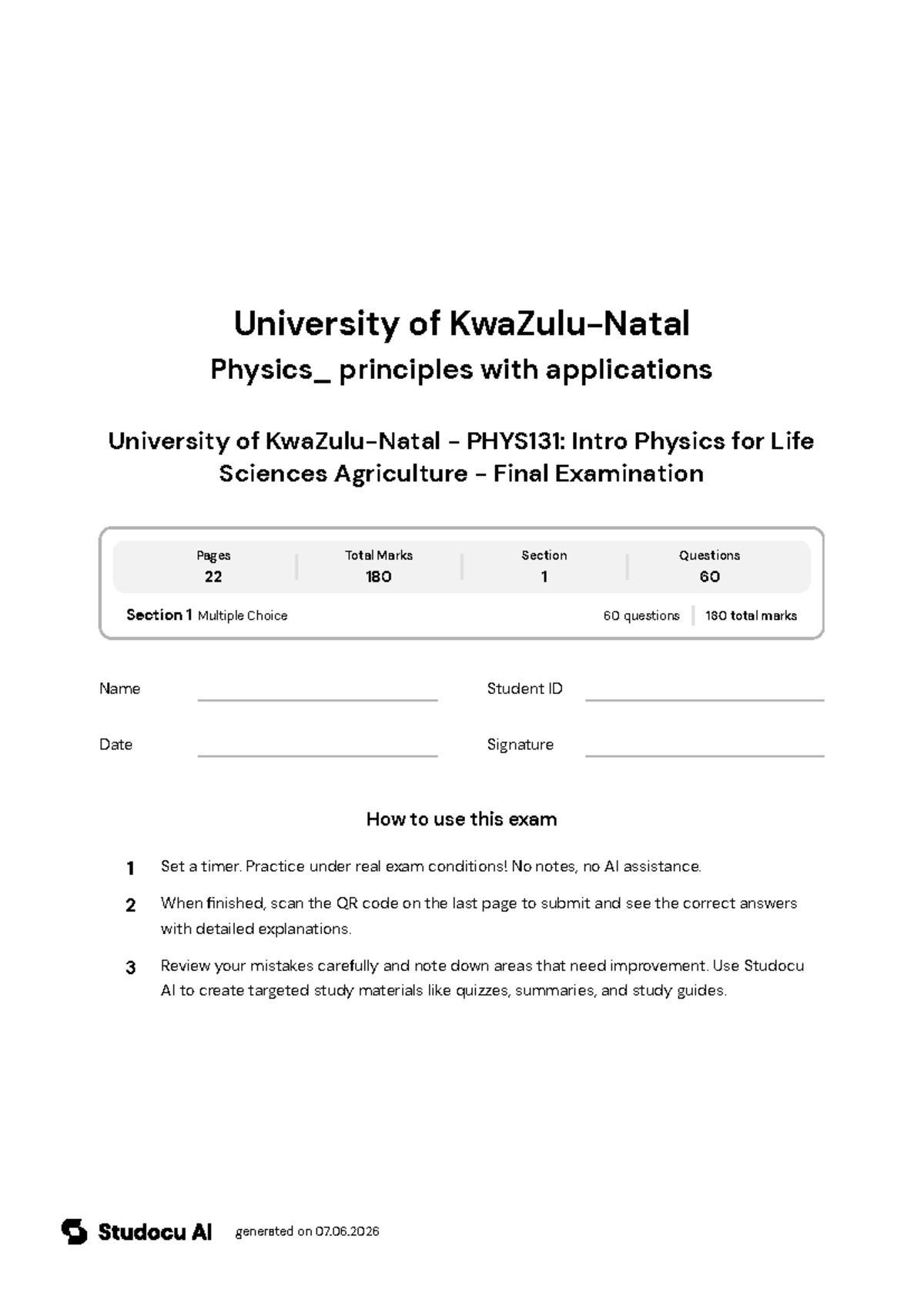 PHYS131: Final Exam - Intro Physics for Life Sciences - Studocu