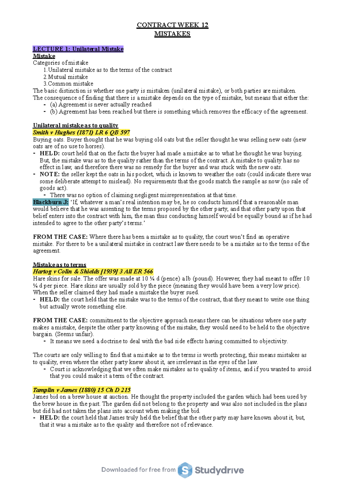Contract mistakes - MISTAKES LECTURE 1: Unilateral Mistake Mistake ...