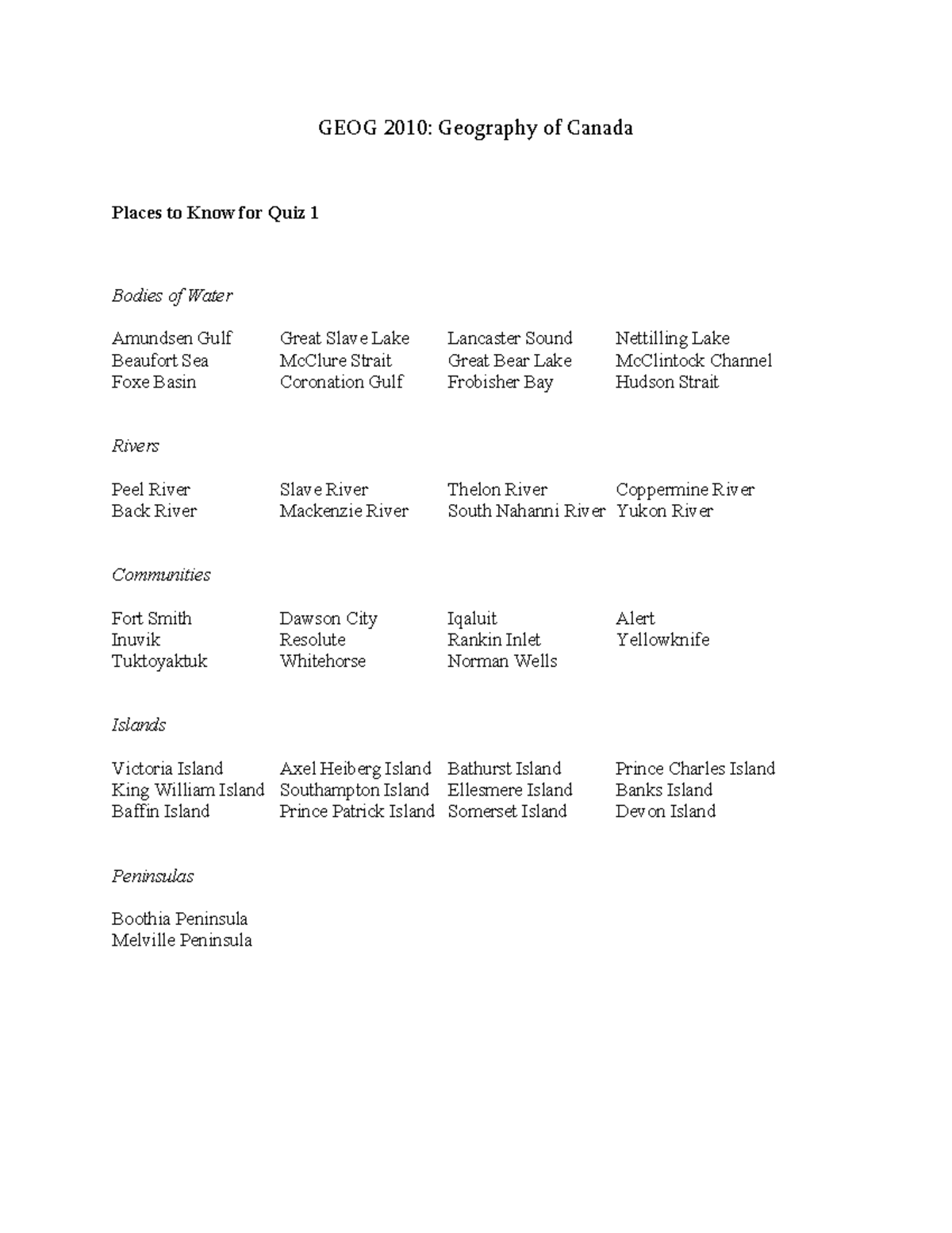 GEOG 2010: Geography of Canada Quiz 1 Preparation Map Overview - Studocu