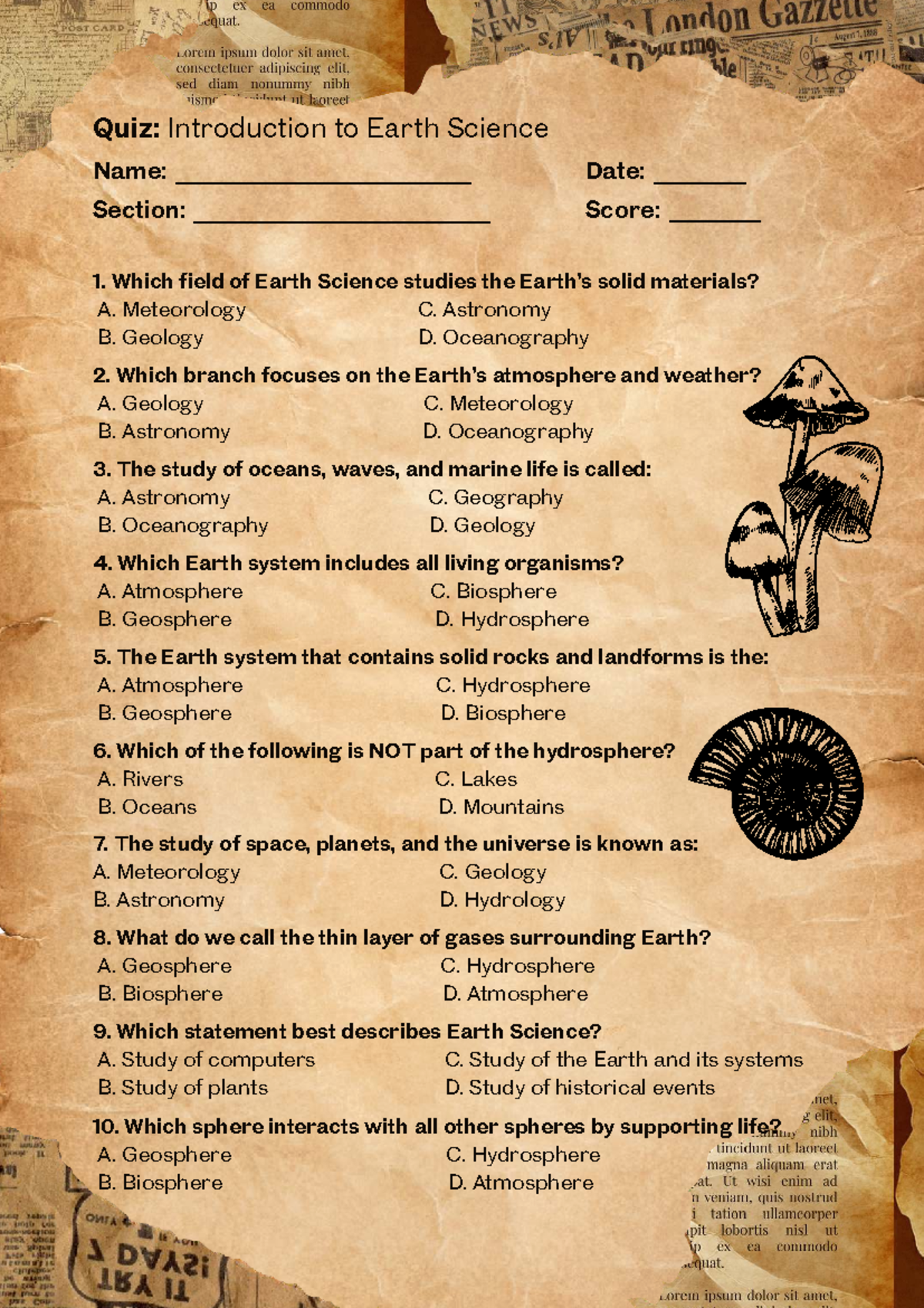 Quiz: Earth Science Basics - Brown and Black Vintage Worksheet - Studocu