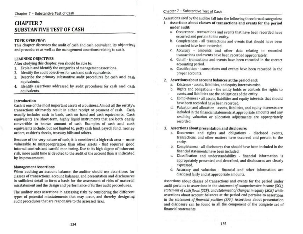 Chapter 7 Substantive Tests of Cash: Assertions and Audit Procedures ...