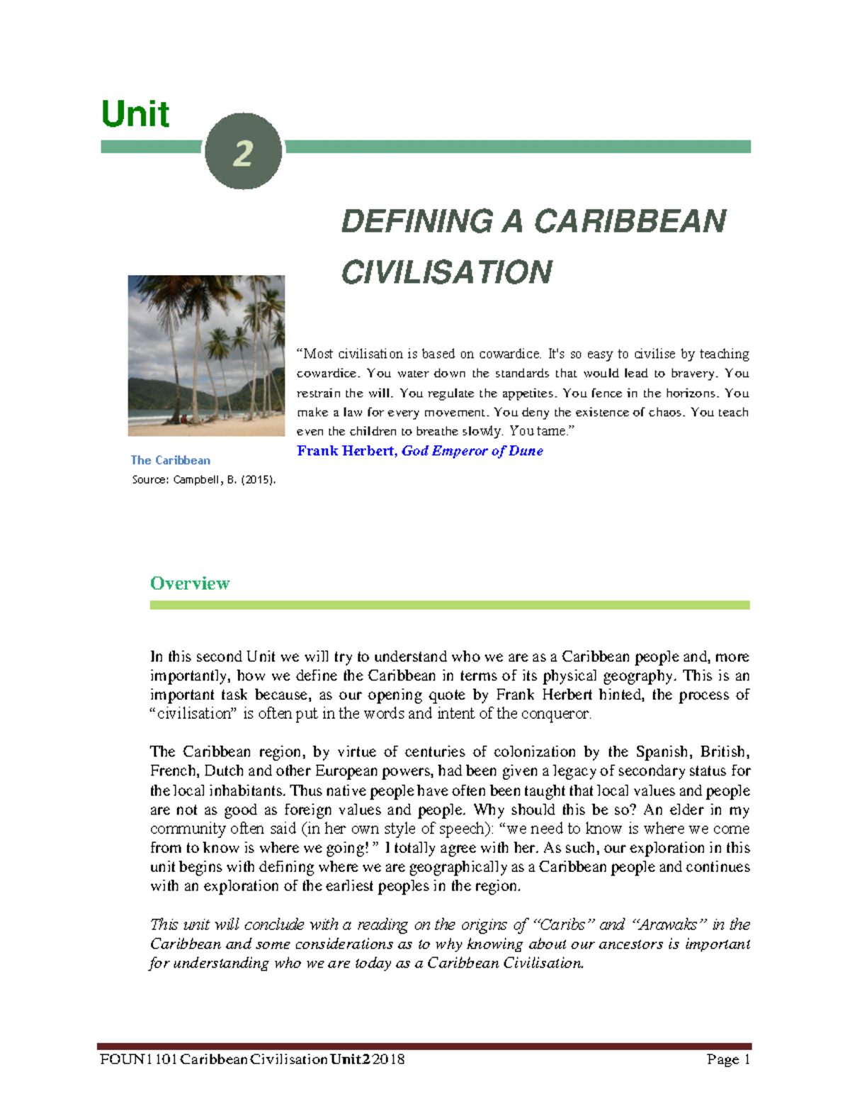 FOUN1101unit2 S32019 - Lecture Notes Unit 1 - The Caribbean Source ...