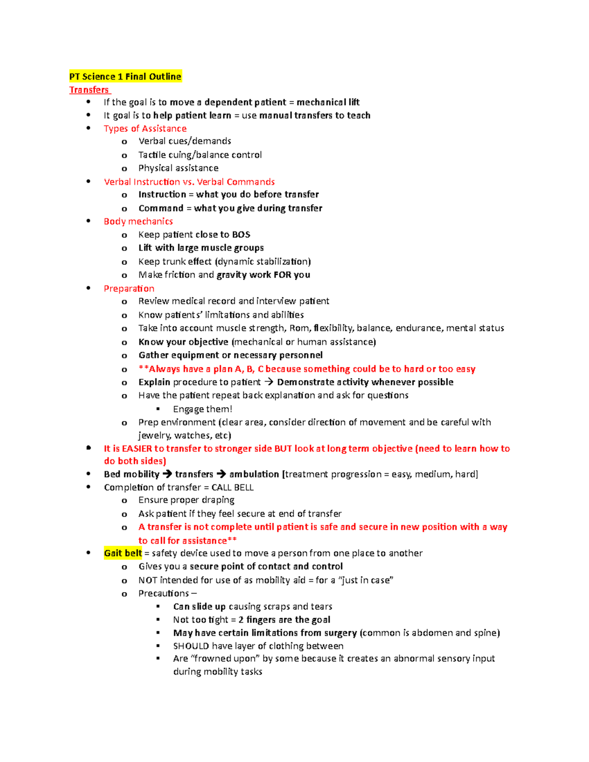 DPT 607 Final Exam Comprehensive Outline on Patient Transfers and ...