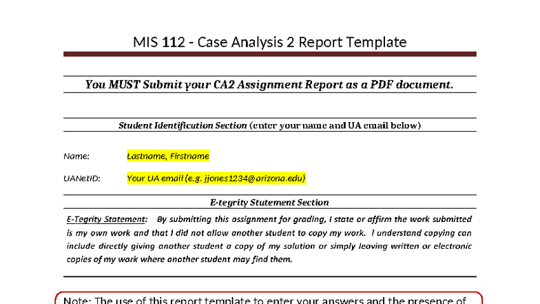 MIS 112 Case Analysis 2 Report Template - Fall 2025 - Studocu