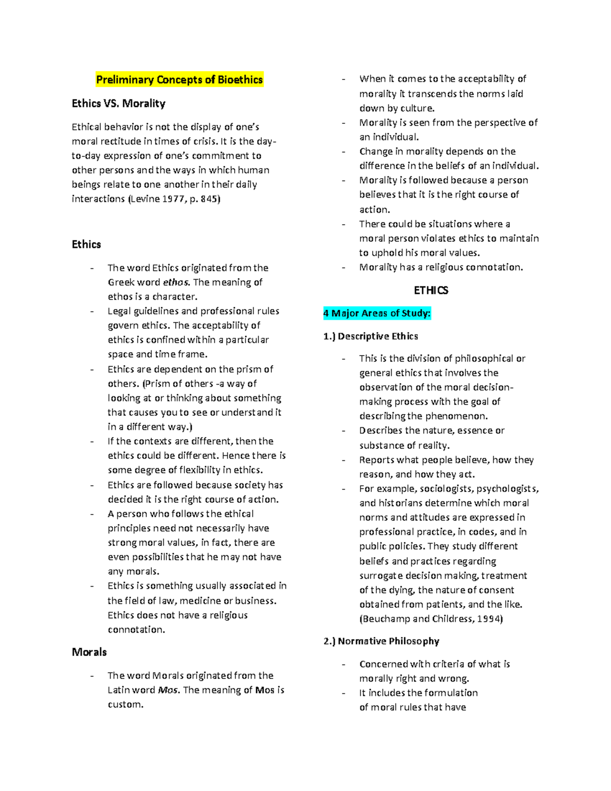Preliminary Concepts of Bioethics: Ethics, Morals, and Philosophy - Studocu