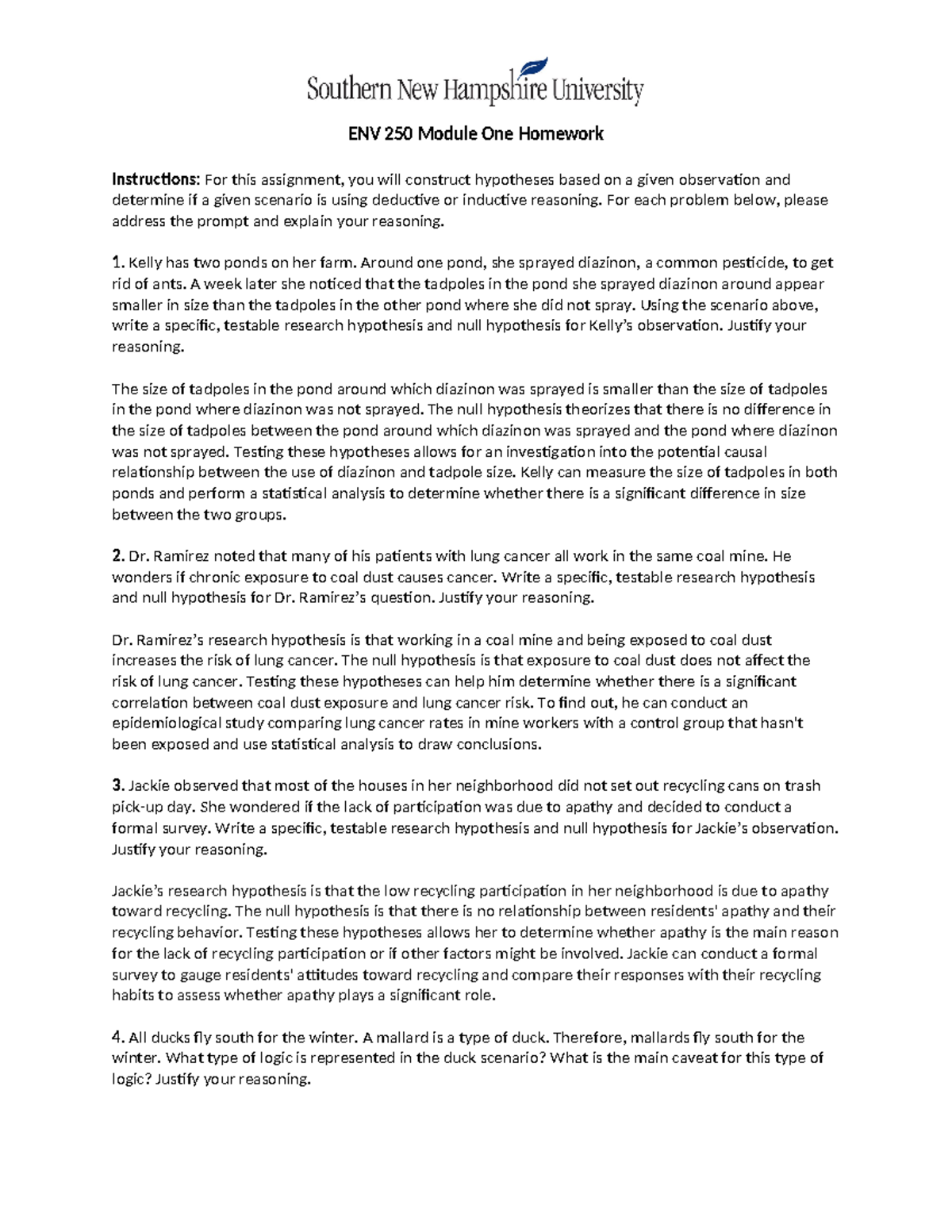 ENV 250 Module One Homework: Hypotheses and Reasoning in Science - Studocu