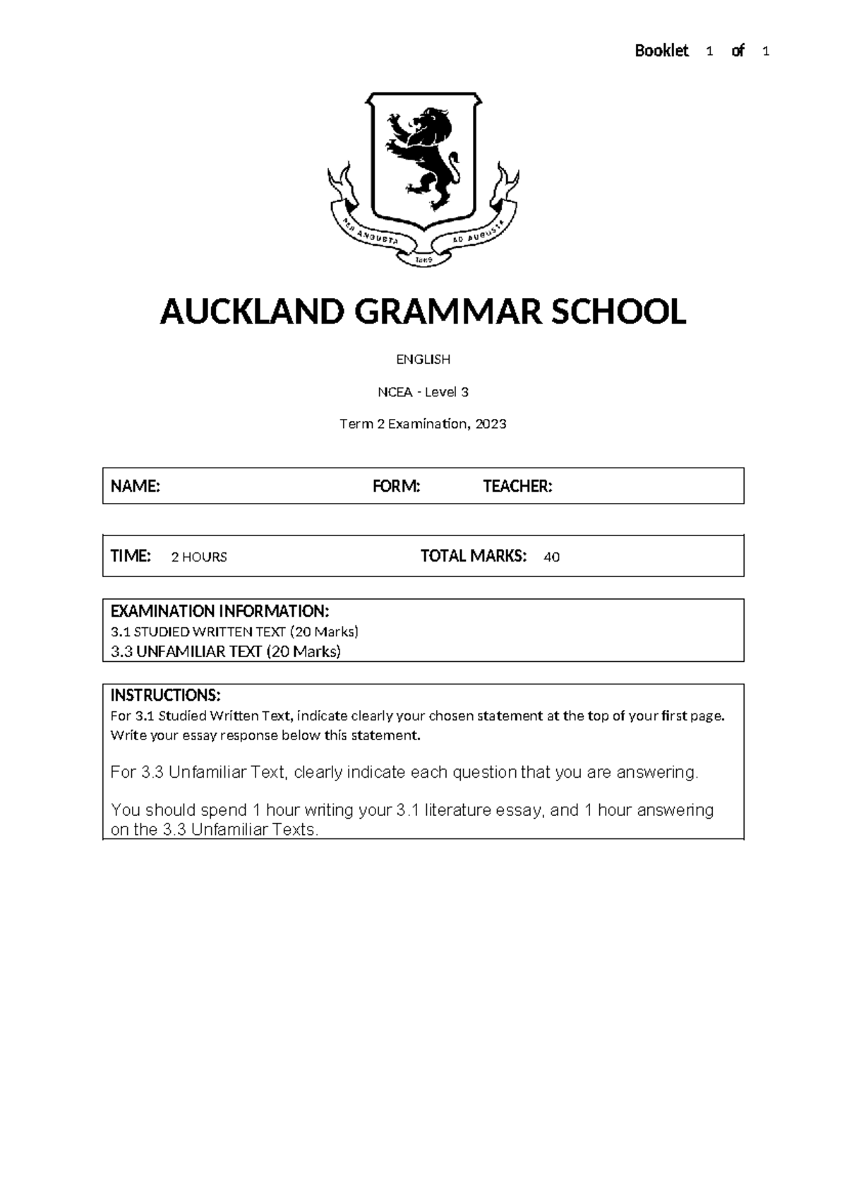 NCEA Level 3 English Term 2 Exam 2023: Studied & Unfamiliar Texts - Studocu