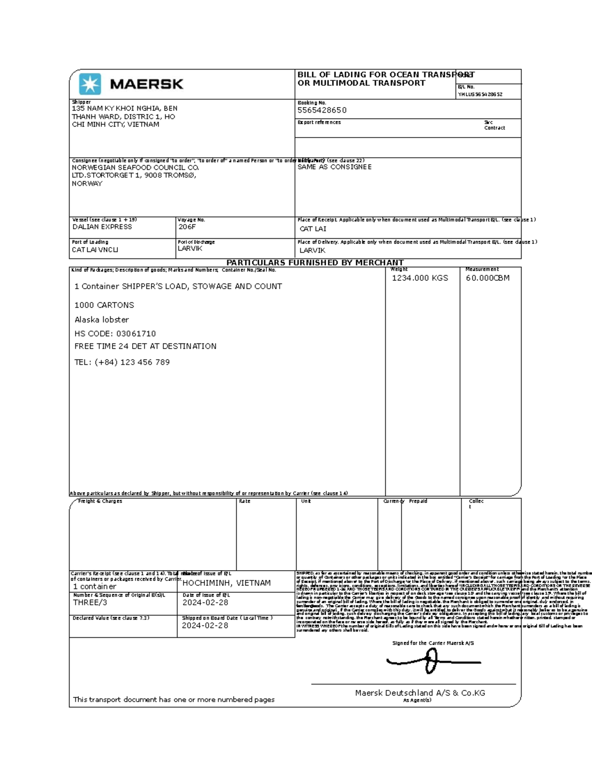 Bill of Lading with Signature and Shipment Details - Studocu