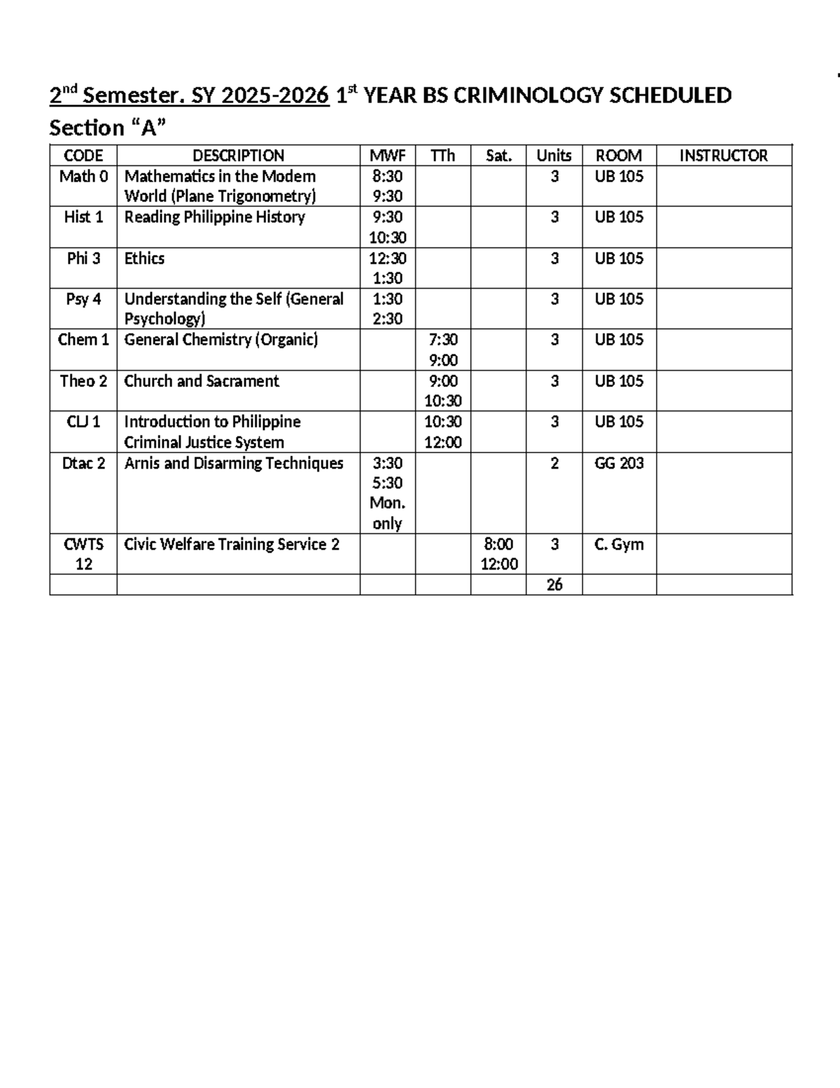 2nd Semester Class Schedule for BS Criminology (SY 1st-4th Year) - Studocu
