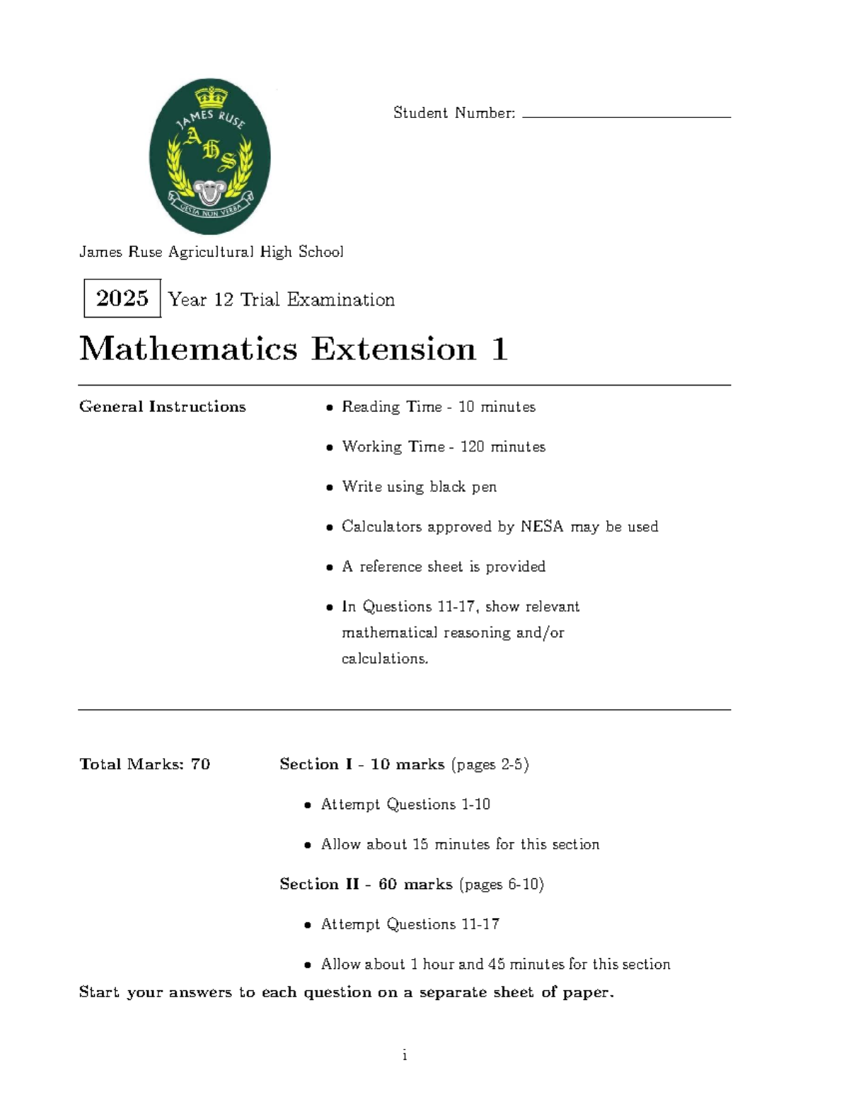 James Ruse Agricultural High School 2025 Year 12 3U Trial Exam ...