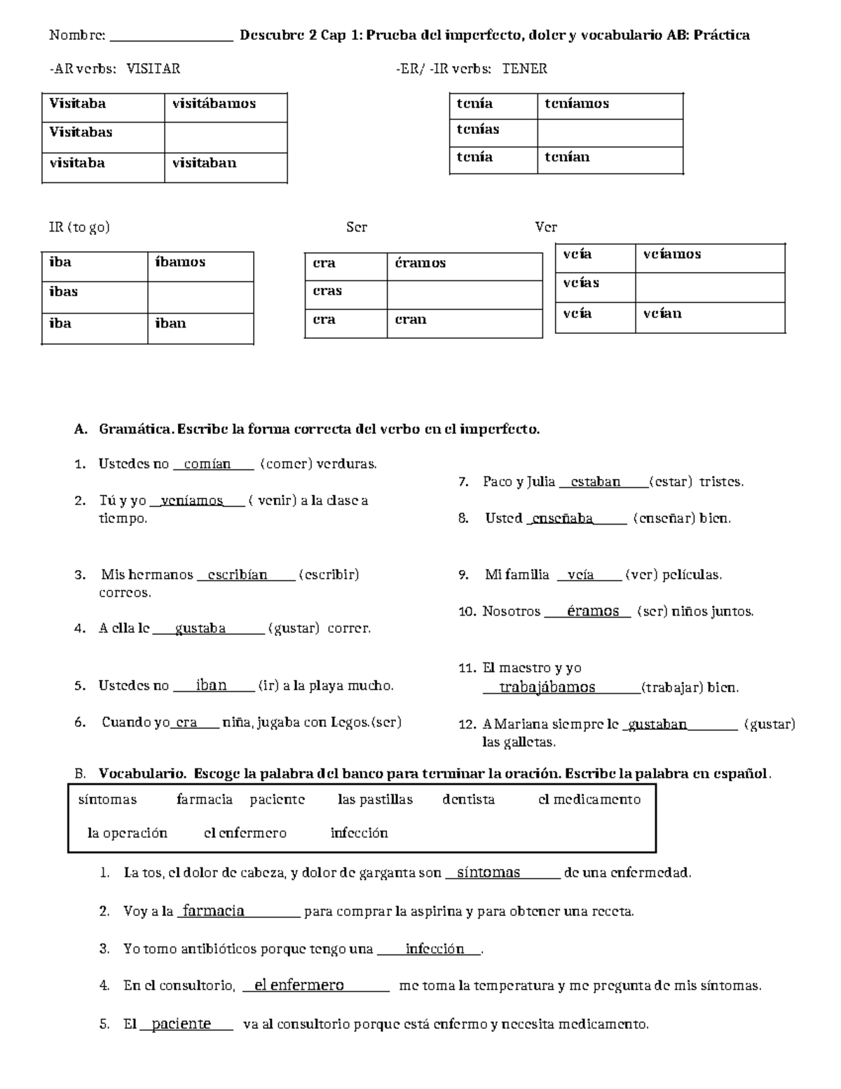 Quiz AB: Prueba del Imperfecto y Vocabulario - Descubre 2 Cap 1 - Studocu