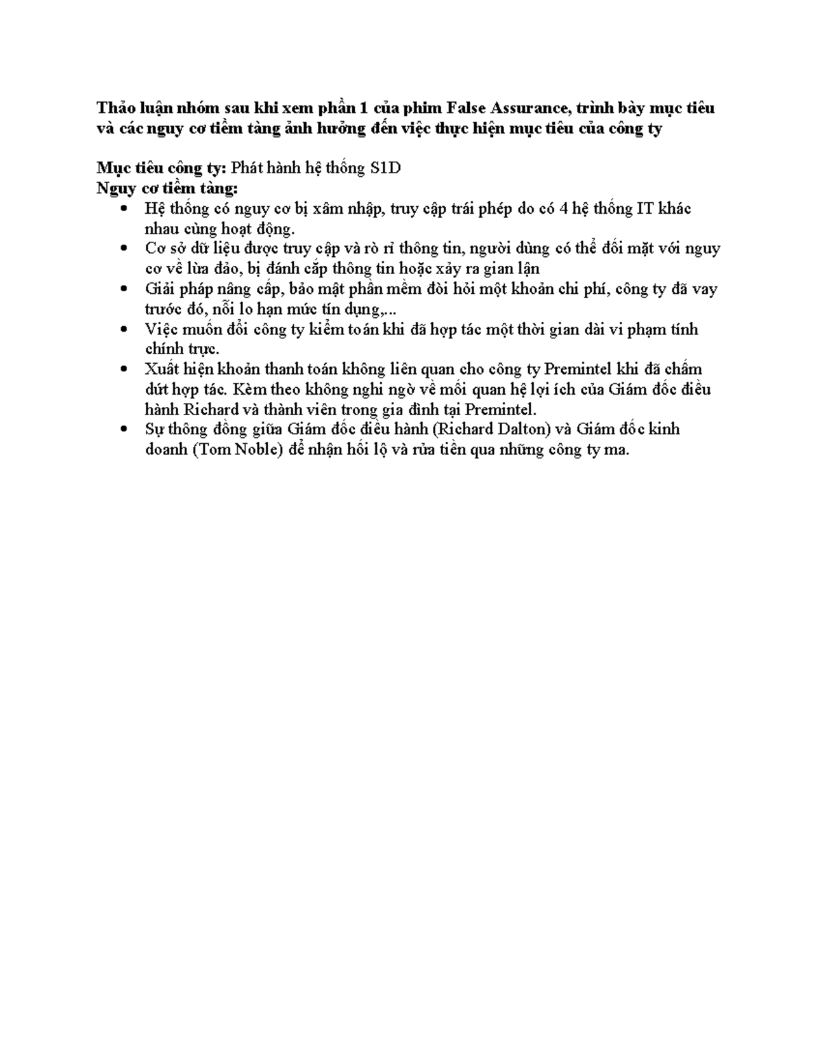 Nhóm 8 Bài tập False Assurance - Thảo luận nhóm sau khi xem phần 1 của ...