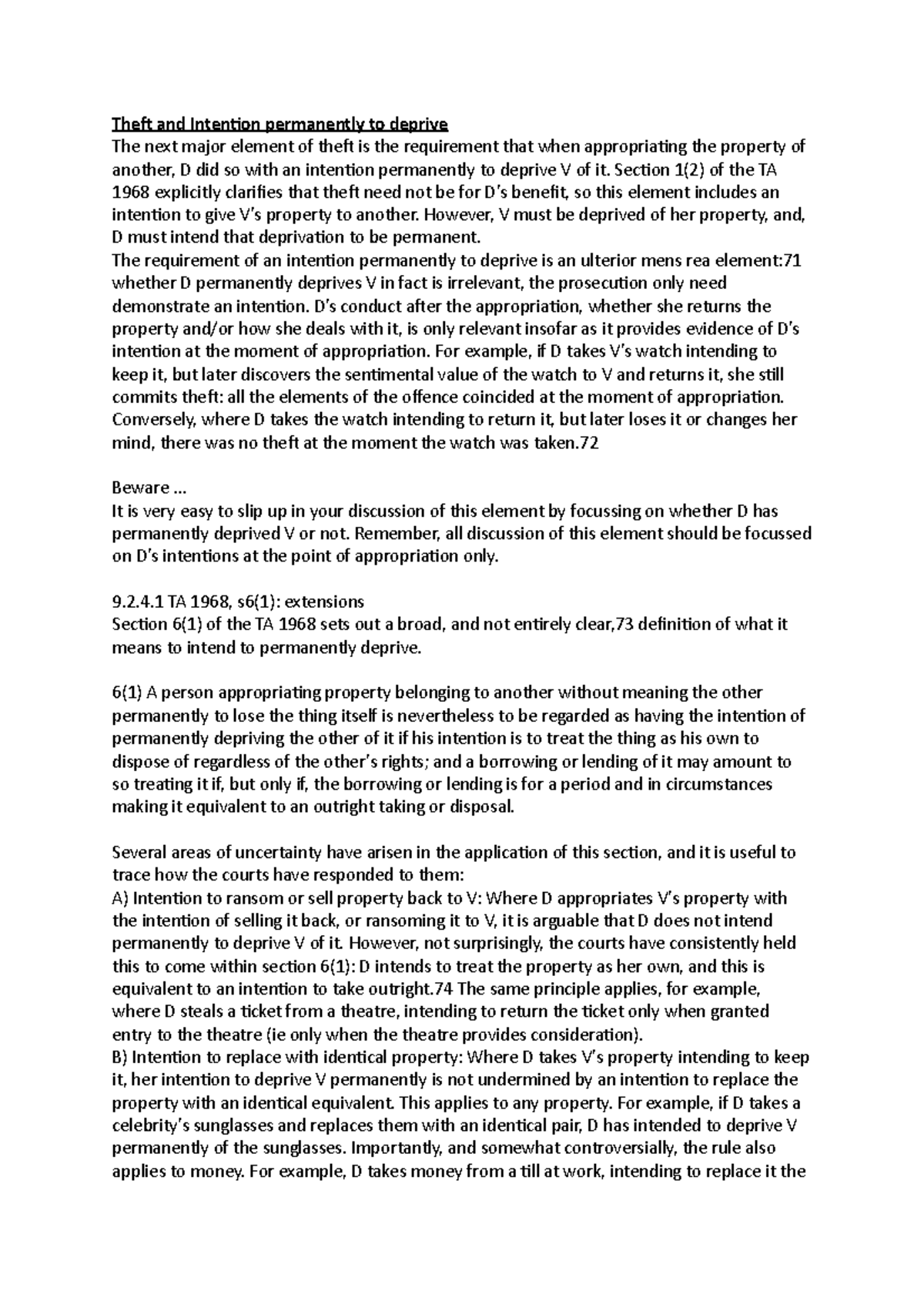 Theft and Intention permanently to deprive - Section 1(2) of the TA ...