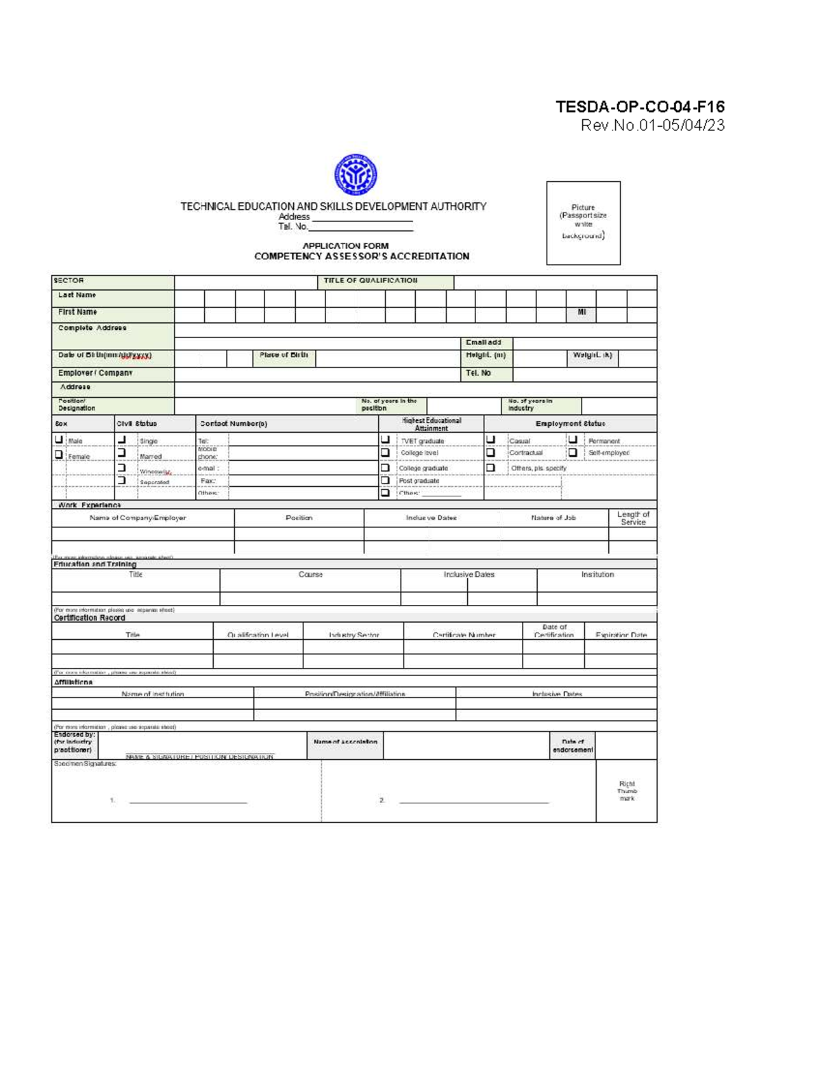 TESDA Application Form for Competency Accreditation (Assessors) - Studocu